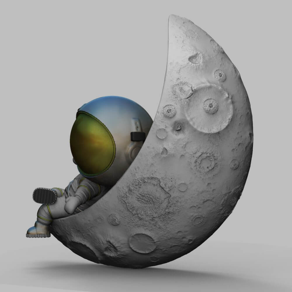 Cute Chibi Spaceman On Half Moon - 3D Model by seanguerrez