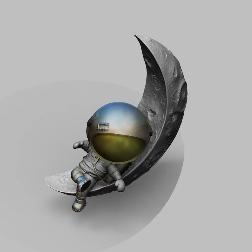 Cute Chibi Spaceman On Half Moon - 3D Model by seanguerrez