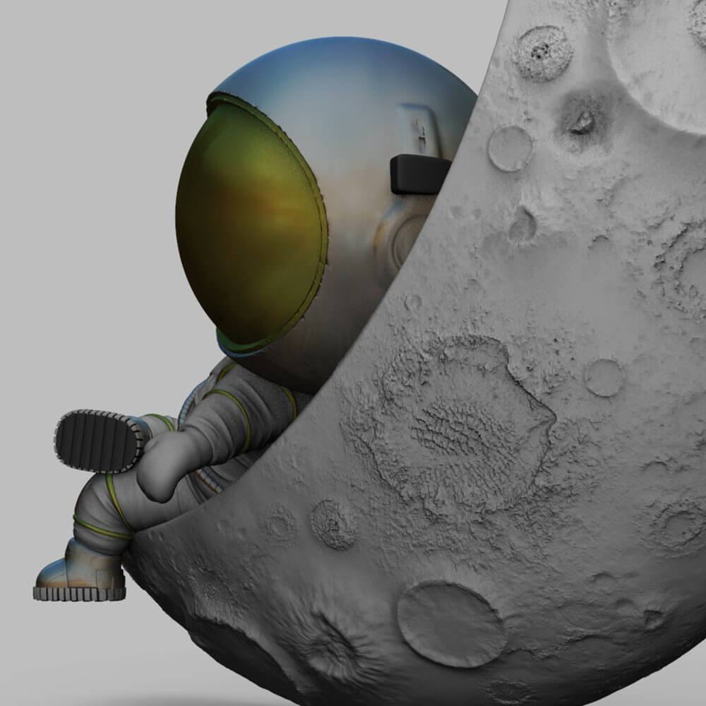 Cute Chibi Spaceman On Half Moon - 3D Model by seanguerrez