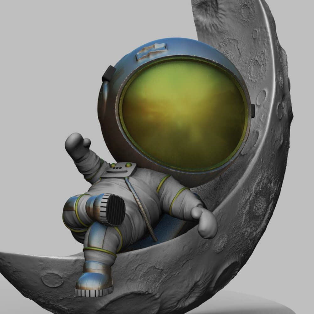 Cute Chibi Spaceman On Half Moon - 3D Model by seanguerrez
