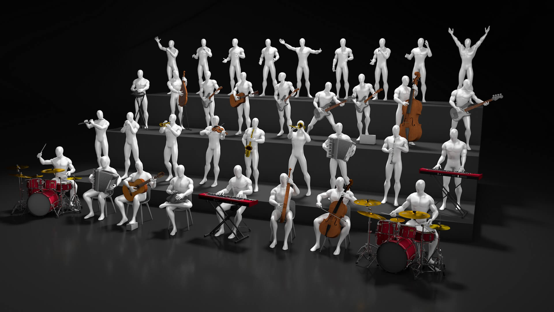 35 Musicians With Different Instruments - 3D Model by Serjibald