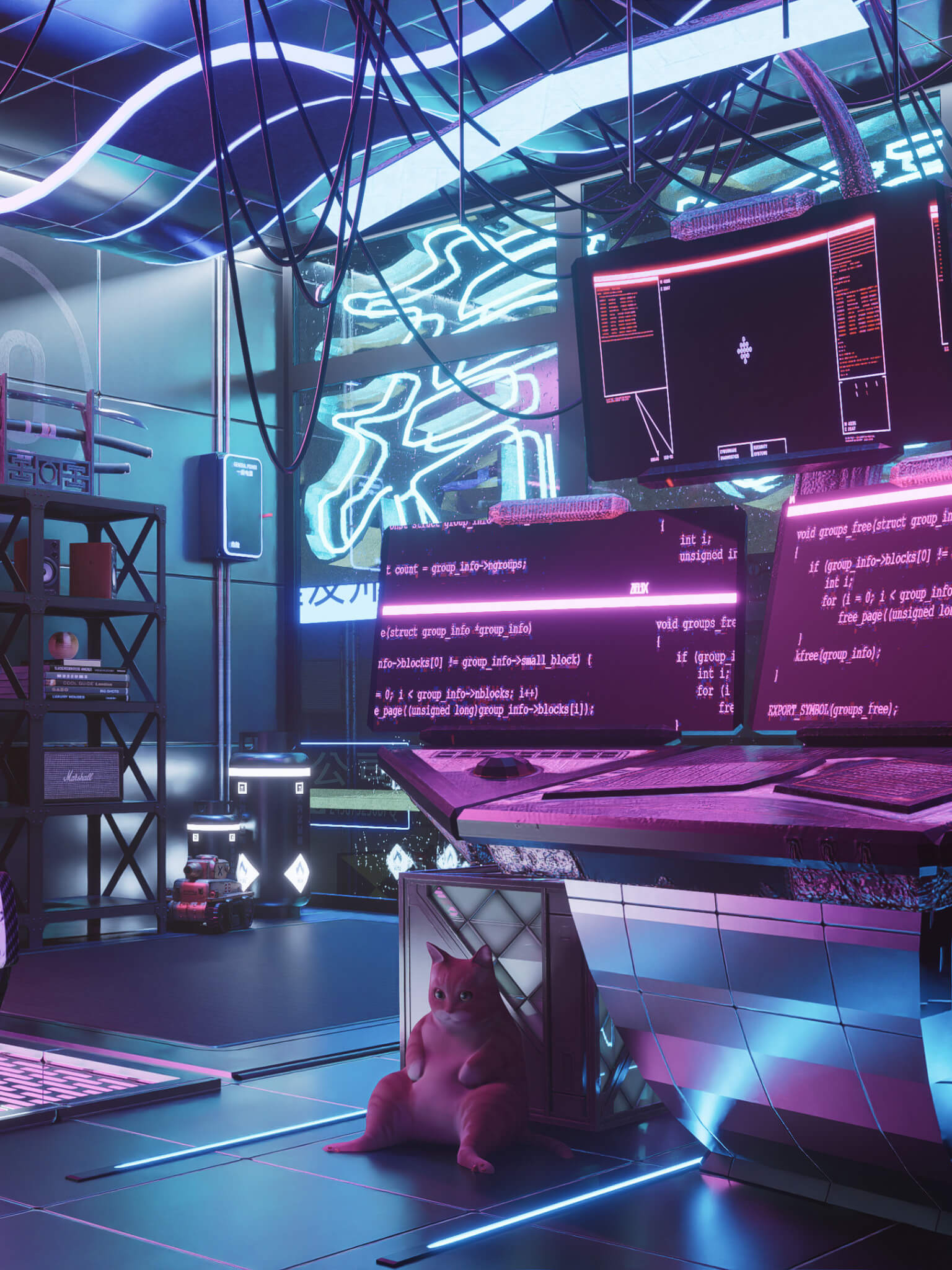 Cyberpunk Room 3D Desktop HD Wallpaper