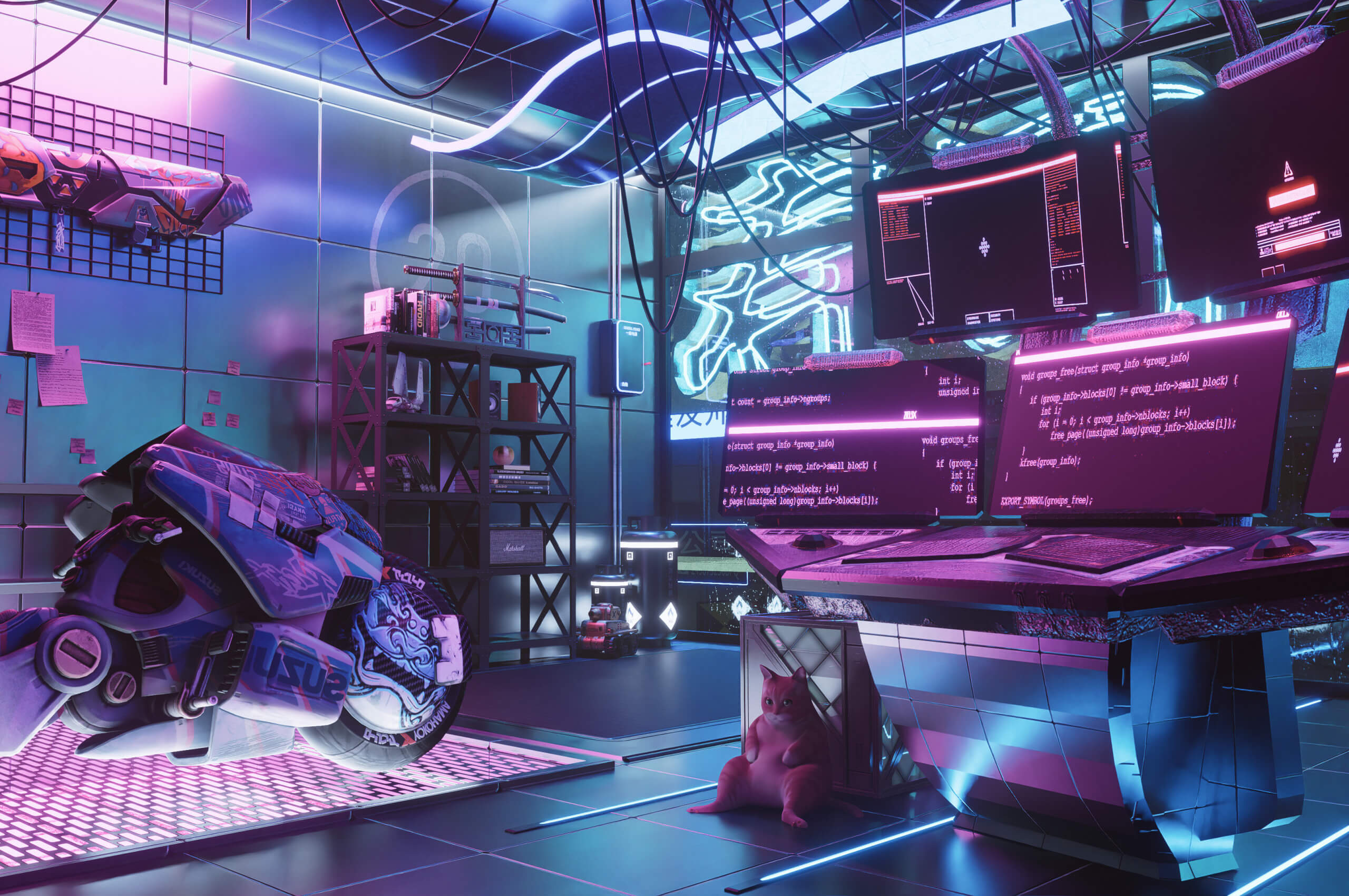 Cyberpunk Room 3D Desktop HD Wallpaper