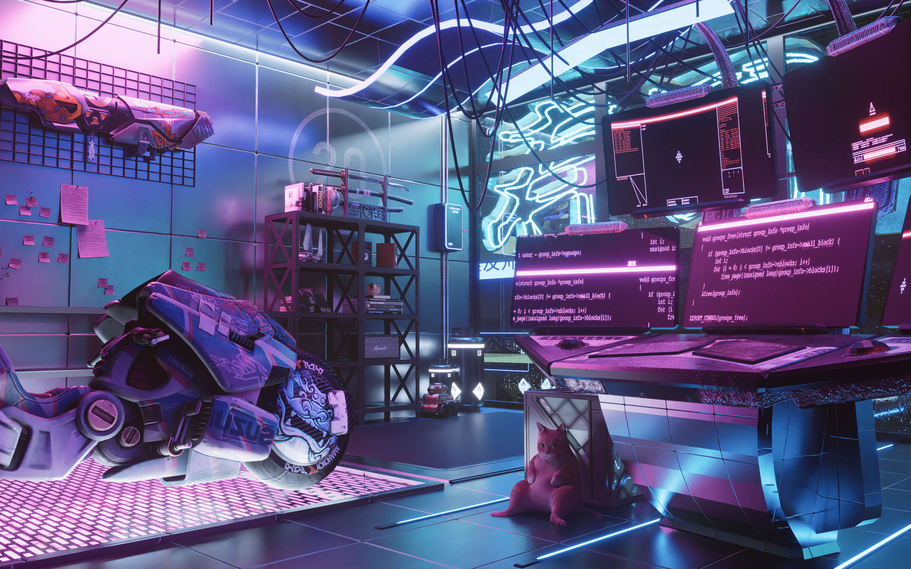 Cyberpunk Room 3D Desktop HD Wallpaper