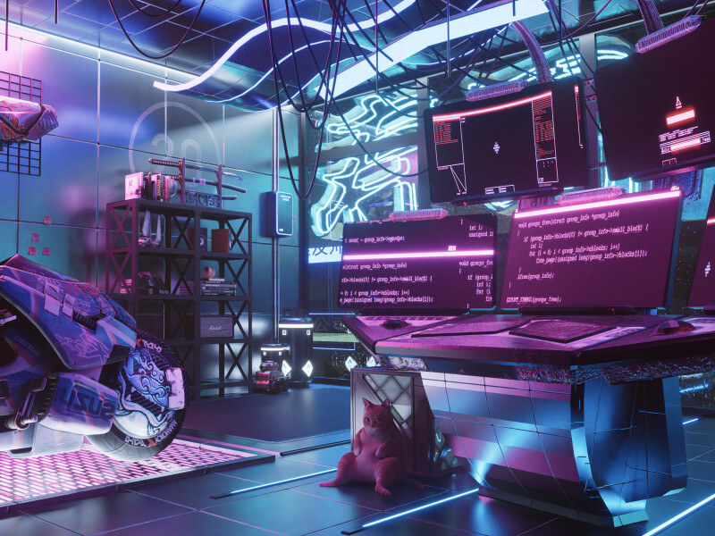 Cyberpunk Room 3D Desktop HD Wallpaper