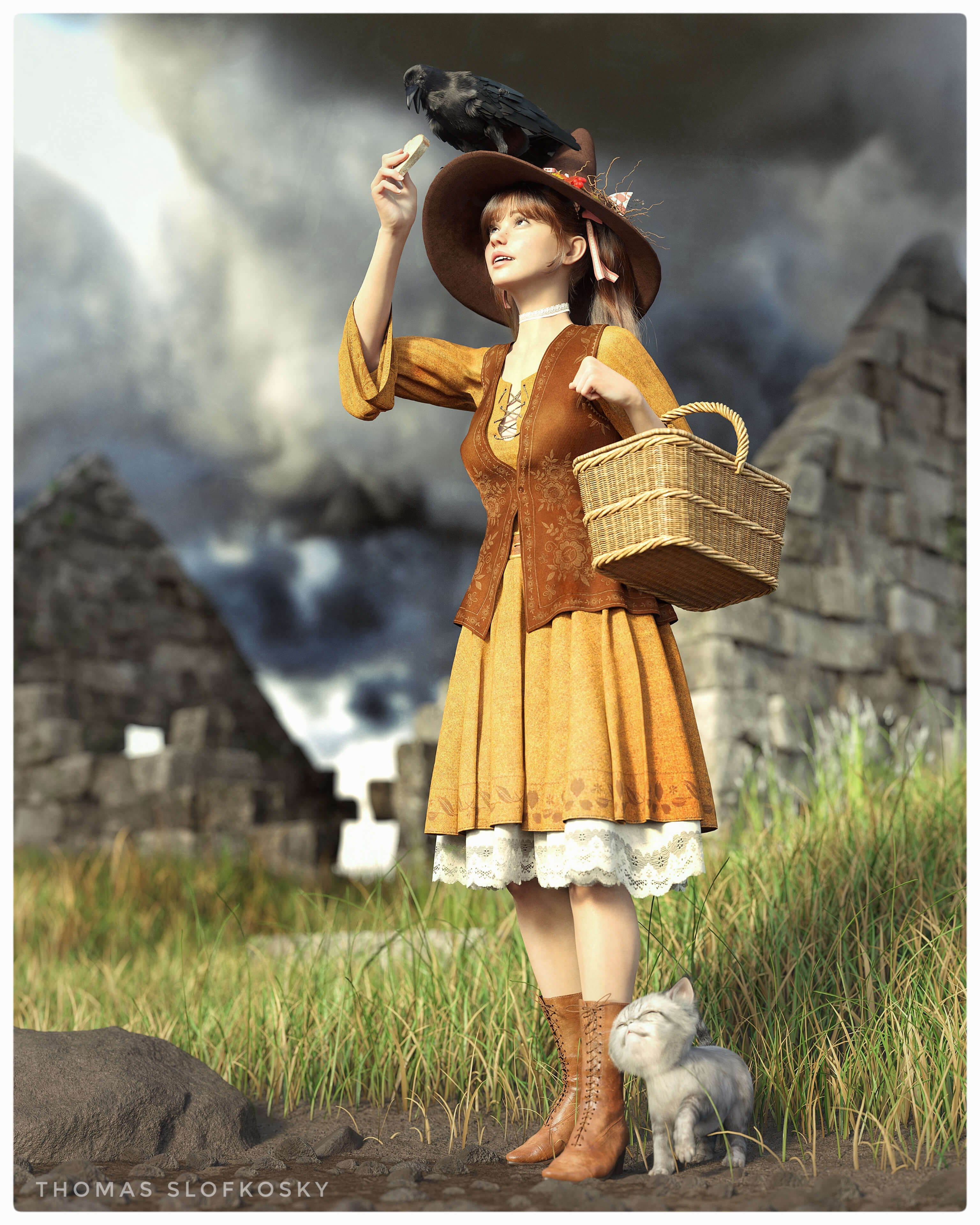 Ivory, Her Cat Moshi and Poe the Crow (part #1) 3D Render