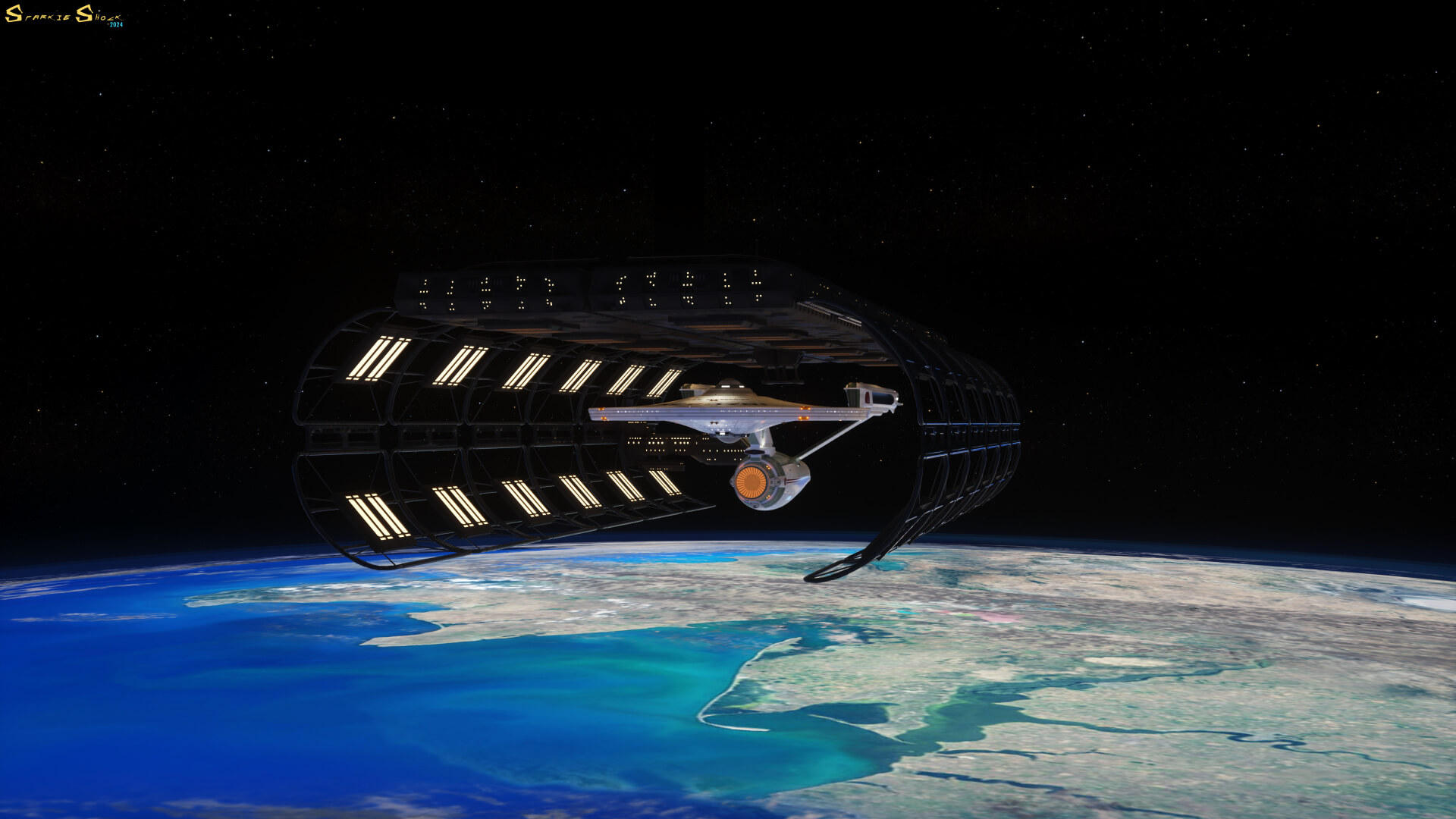 Enterprise in Earth Spacedock 2 by SparkieShock | RenderHub Wallpapers