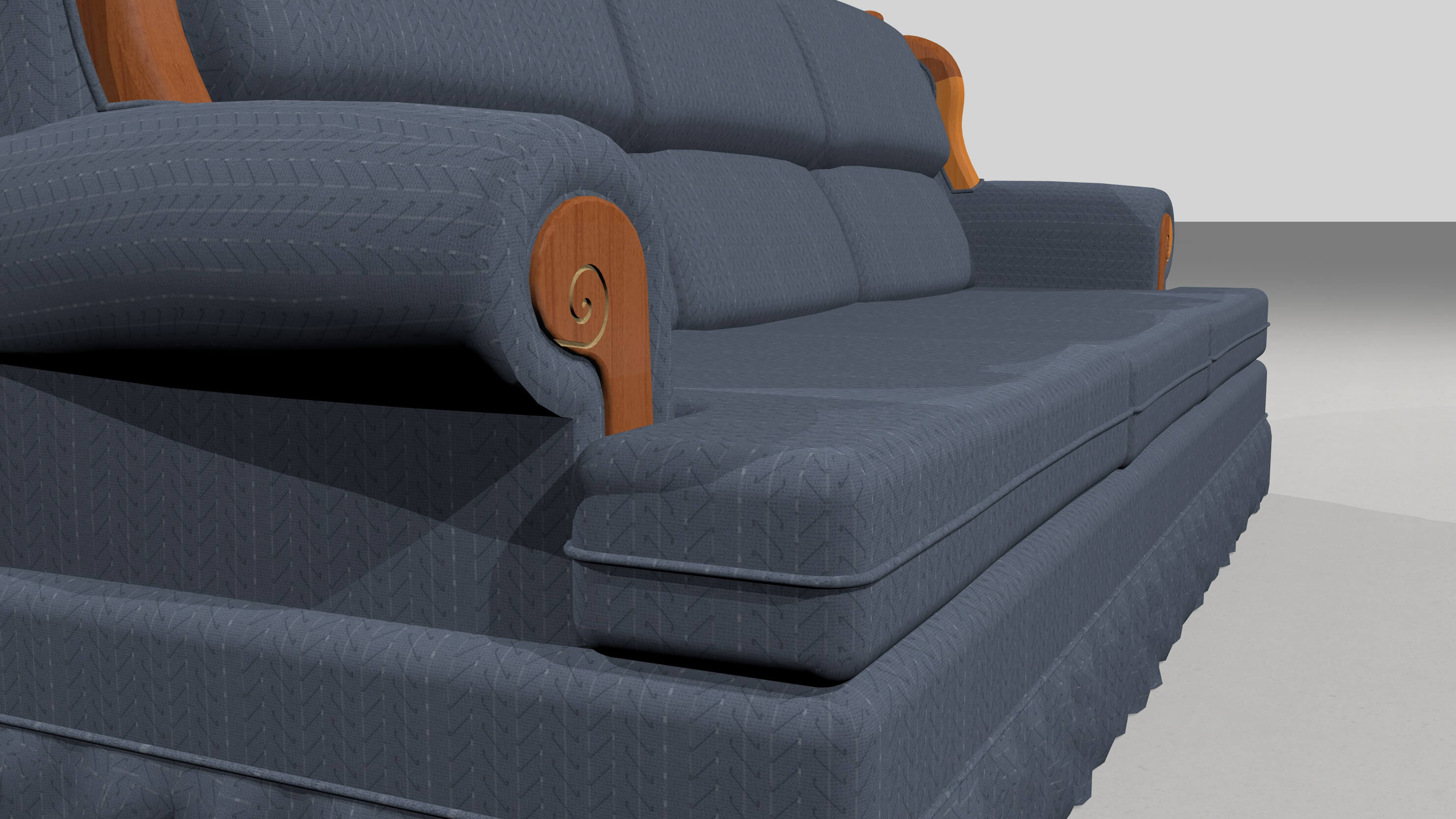 Couch With Blue Fabric and Wood Trim - 3D Model by SpiritSwitchboard