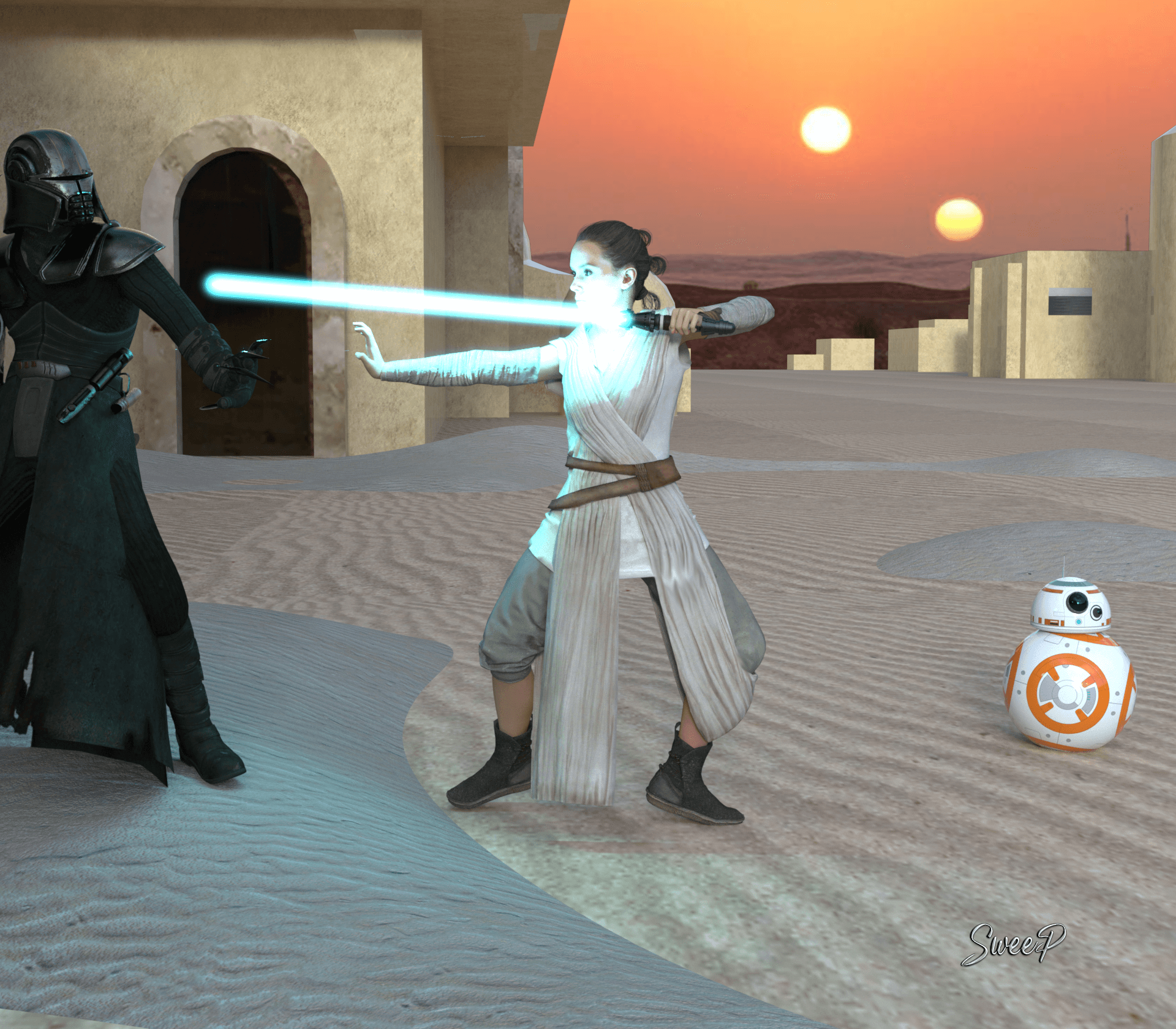 Rey on Tatooine. 3D Render, Digital Art by SweeP