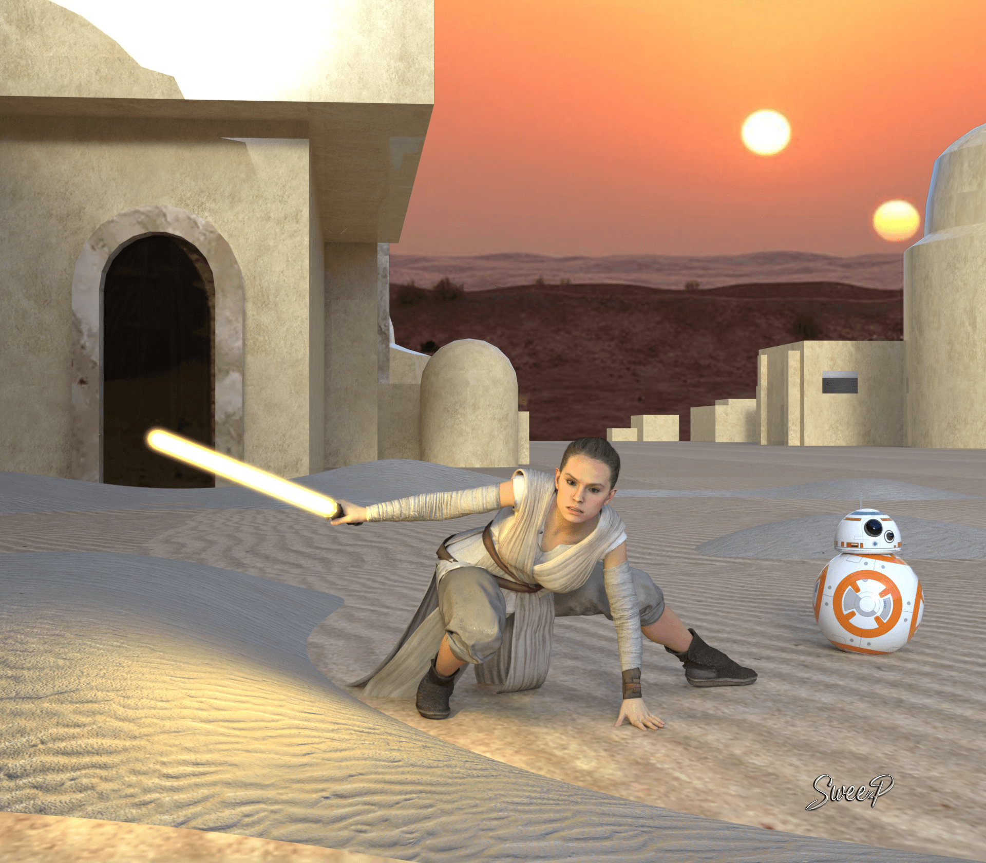 Rey on Tatooine. 3D Render, Digital Art by SweeP