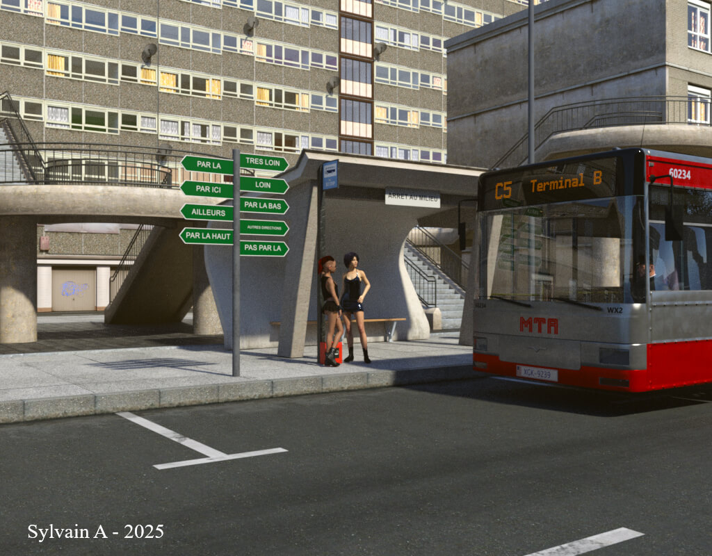 Girls at Bus Stop 3D Render, Digital Art by Sylvain-A