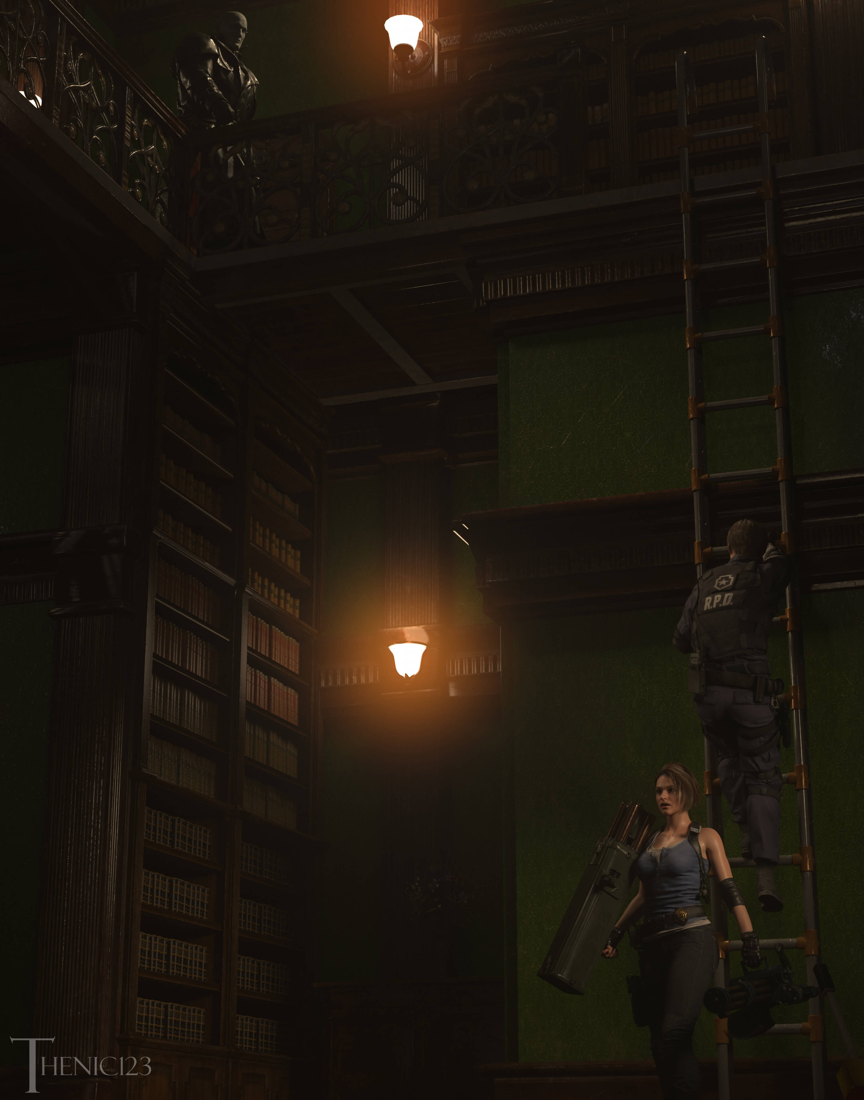 Jill V and Leon S K - RPD Library 3 3D Render by thenic123