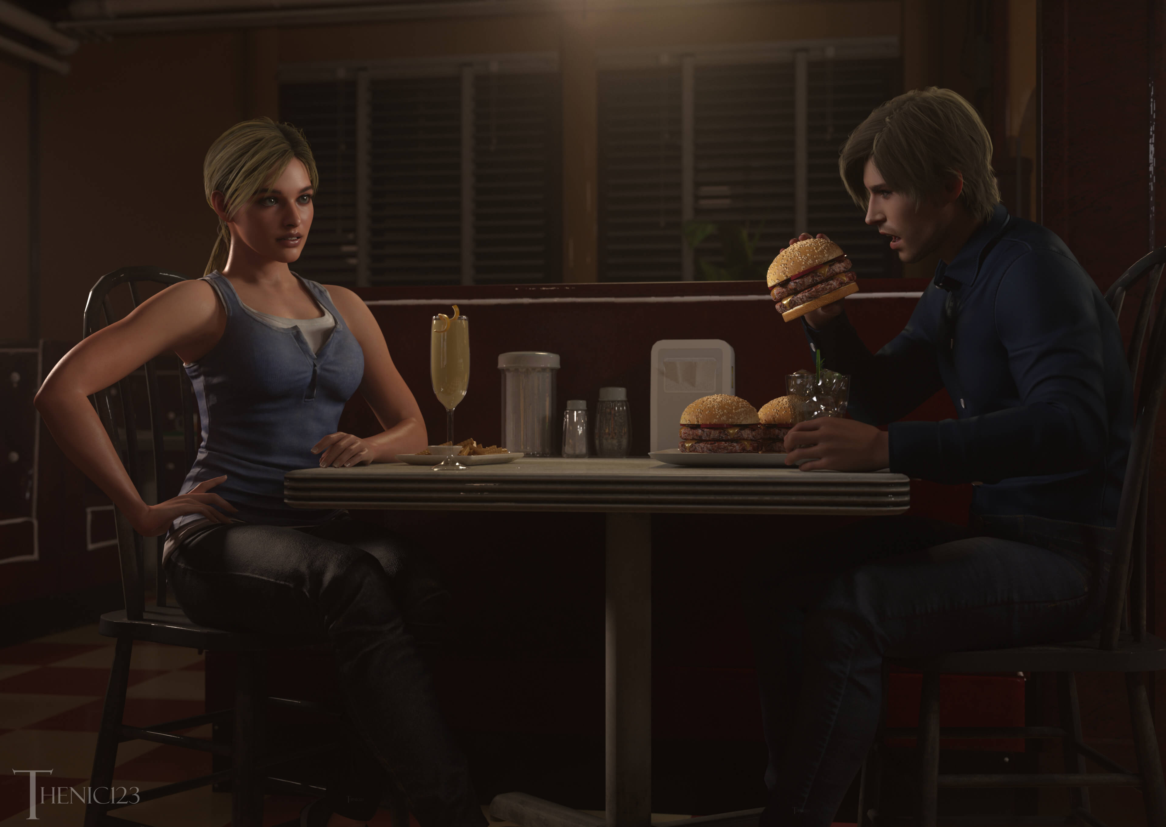 Jill Valentine and Leon S. Kennedy in The Bench 13 3D Render