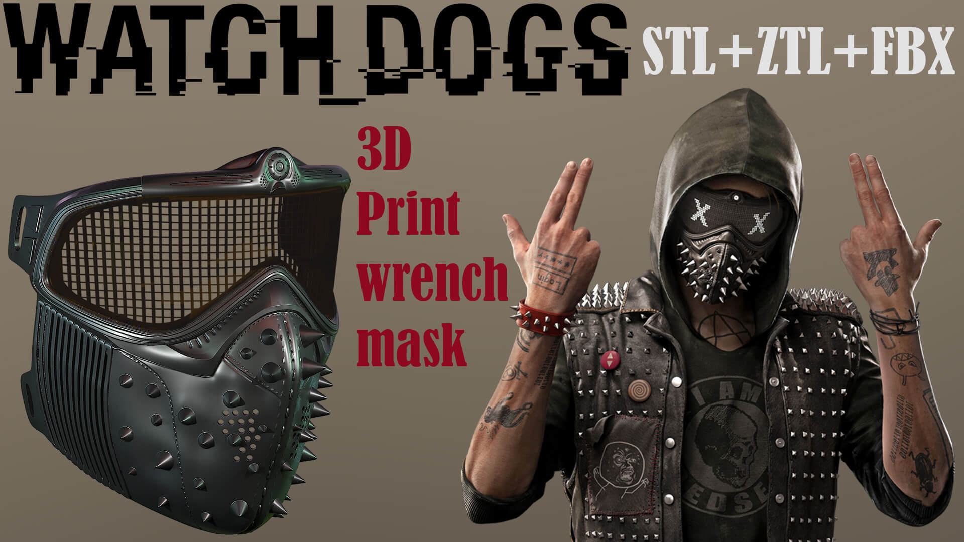 wrench from watchdogs mask for 3d printing 3D Render by touci