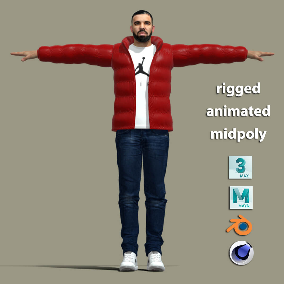 T-Pose Rigged Drake Rapper 3D Model by tranduyhieu