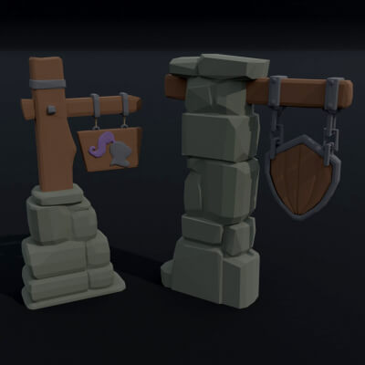 Cartoon Fantasy Armory Road Sign Polygonal Style - 3D Model by Tykryk