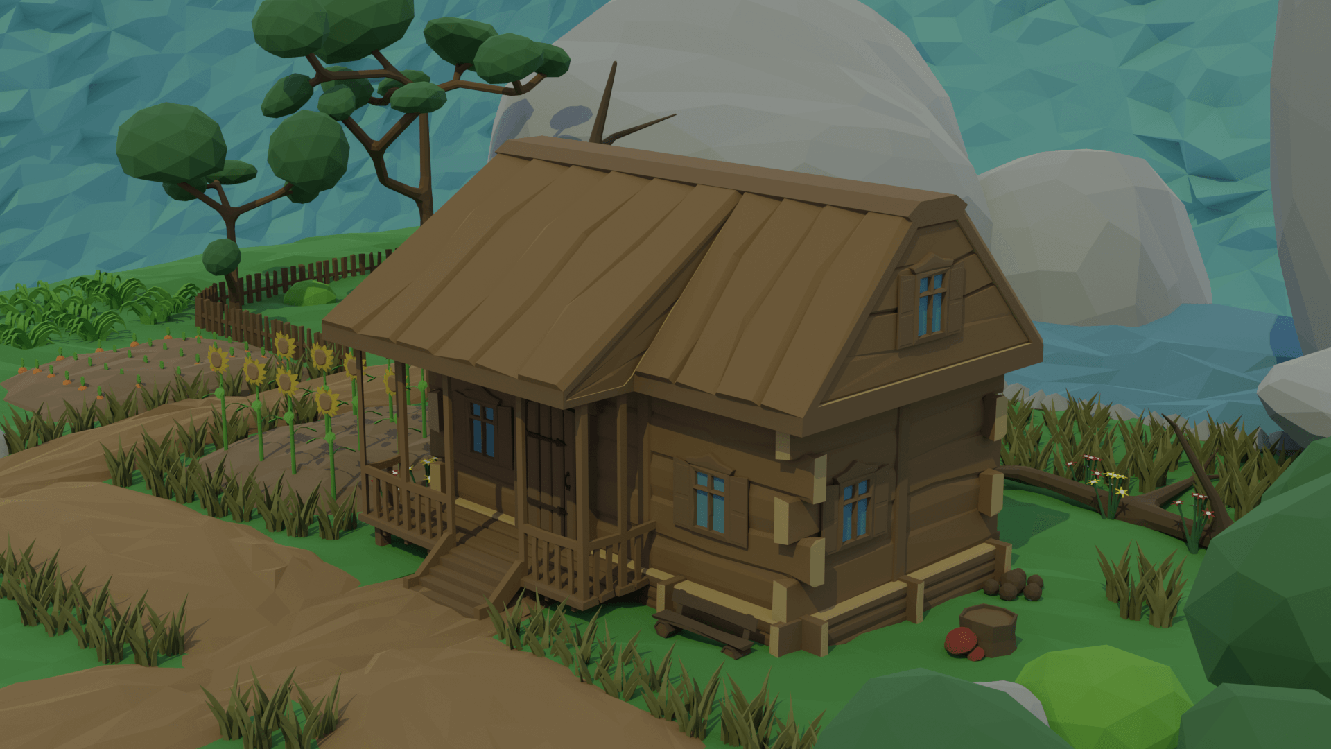 Cartoon Fantasy wood house Polygonal Style 3D Render by Tykryk