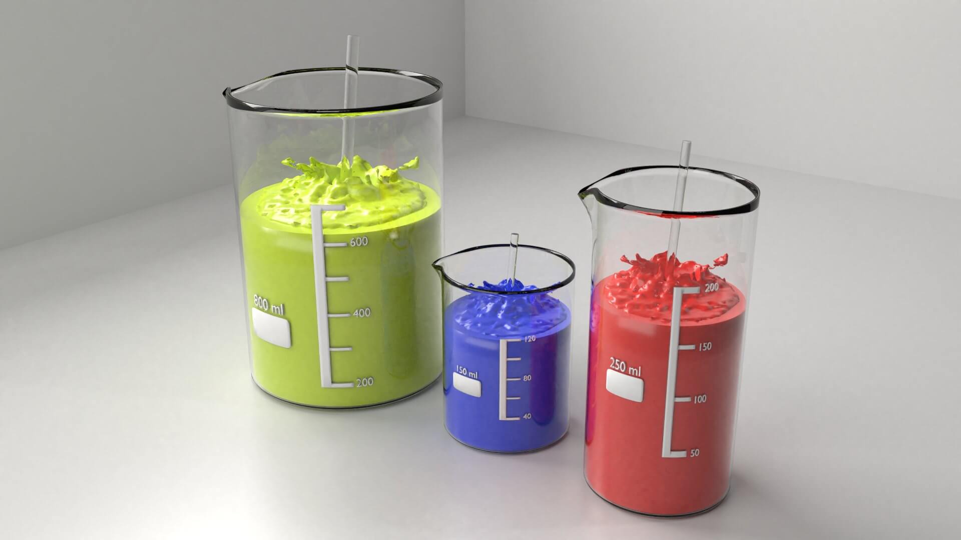 150ml, 250ml and 800ml Glass Beaker with Liquid 2 and Rod - 3D Model by ...