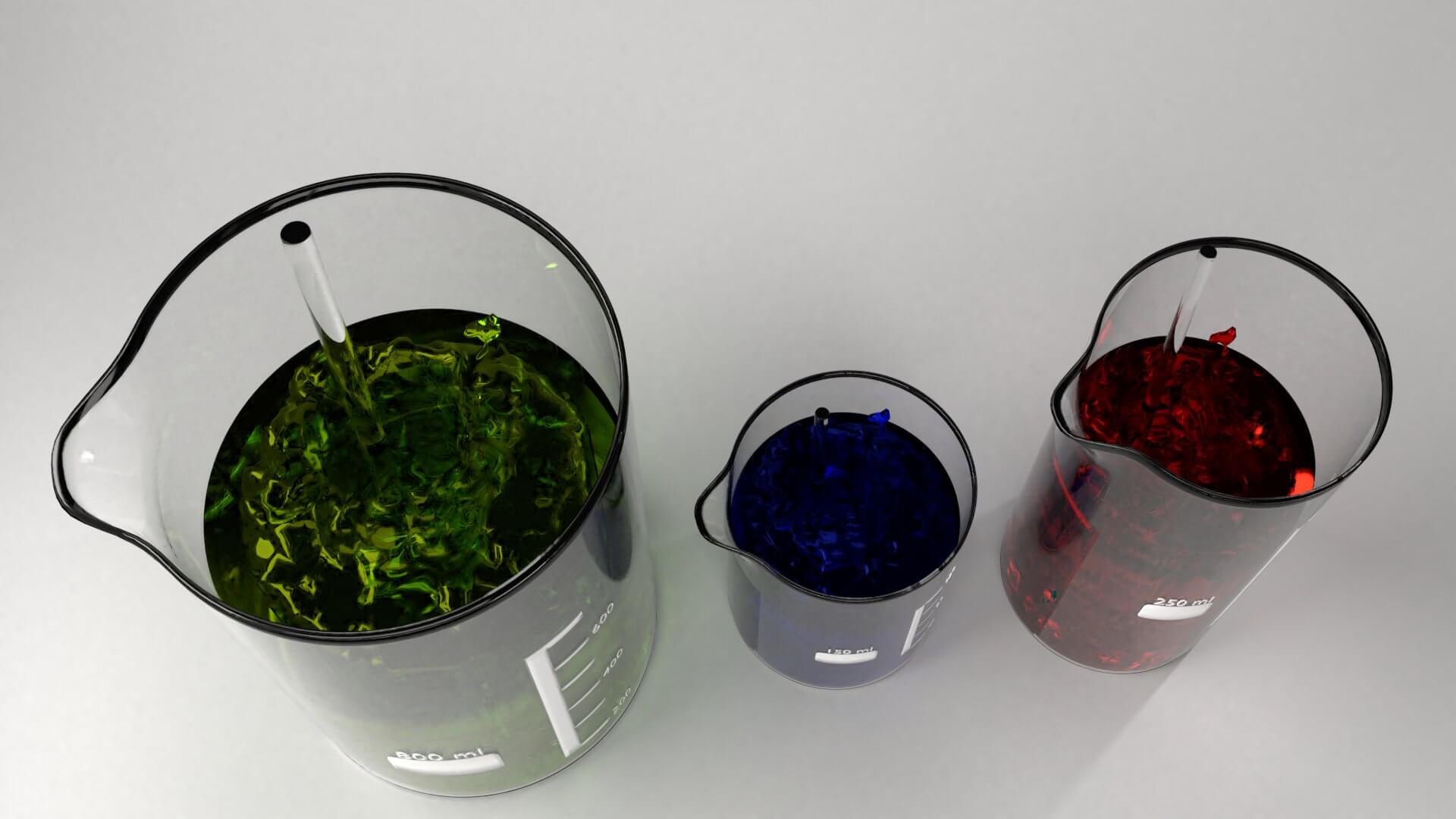 150ml, 250ml and 800ml Glass Beaker with Liquid and Rod - 3D Model by unos