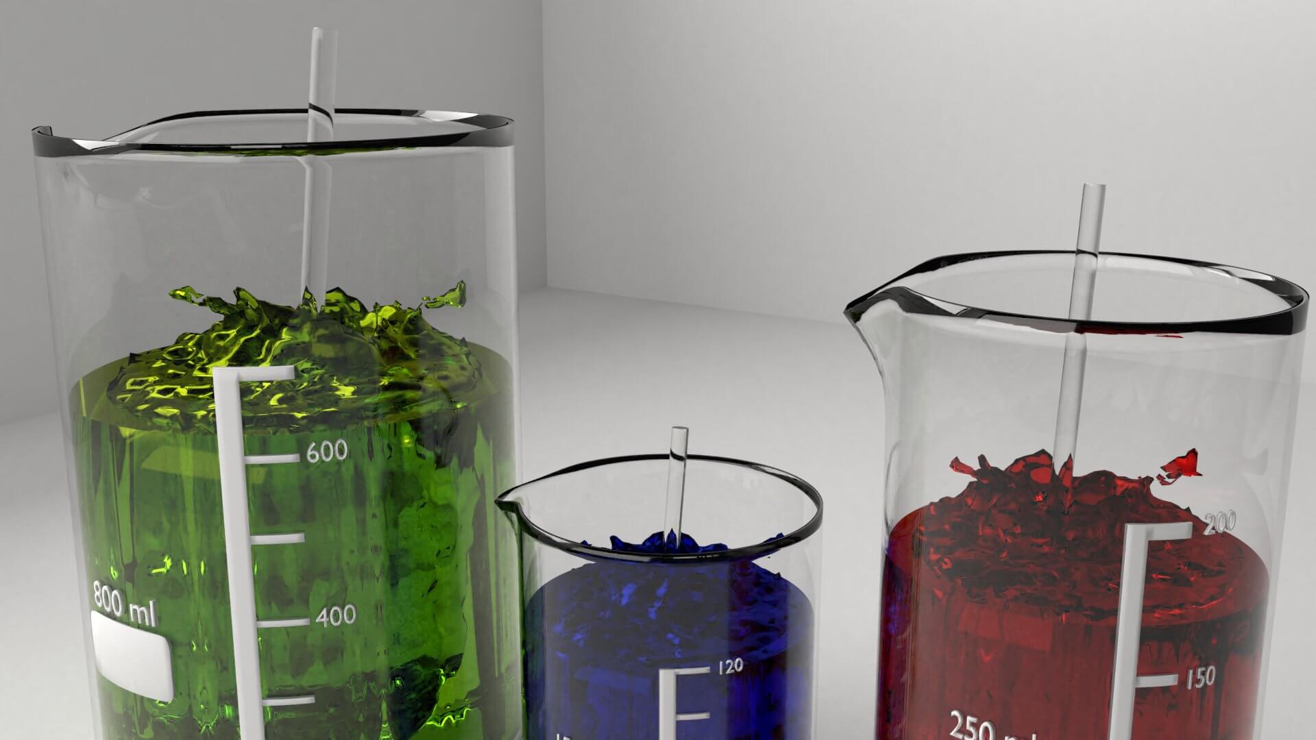 150ml, 250ml and 800ml Glass Beaker with Liquid and Rod - 3D Model by unos
