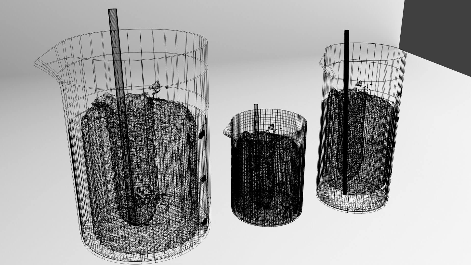 150ml, 250ml and 800ml Glass Beaker with Liquid and Rod - 3D Model by unos