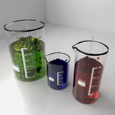 150ml, 250ml and 800ml Glass Beaker with Liquid and Rod - 3D Model by unos