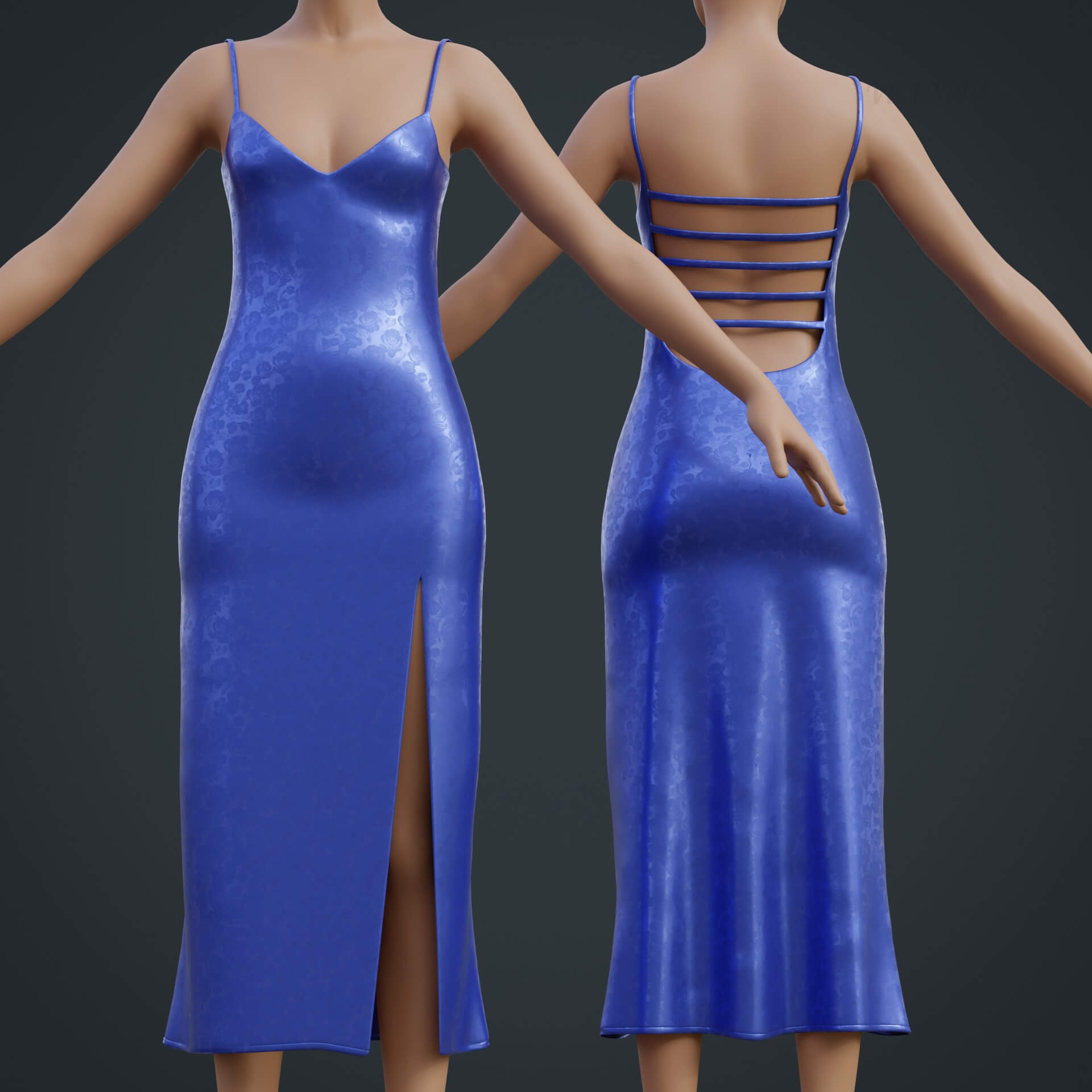Blue Silk Backless Maxi Dress - Spaghetti Strap Dinner Gown 3D Model by ...
