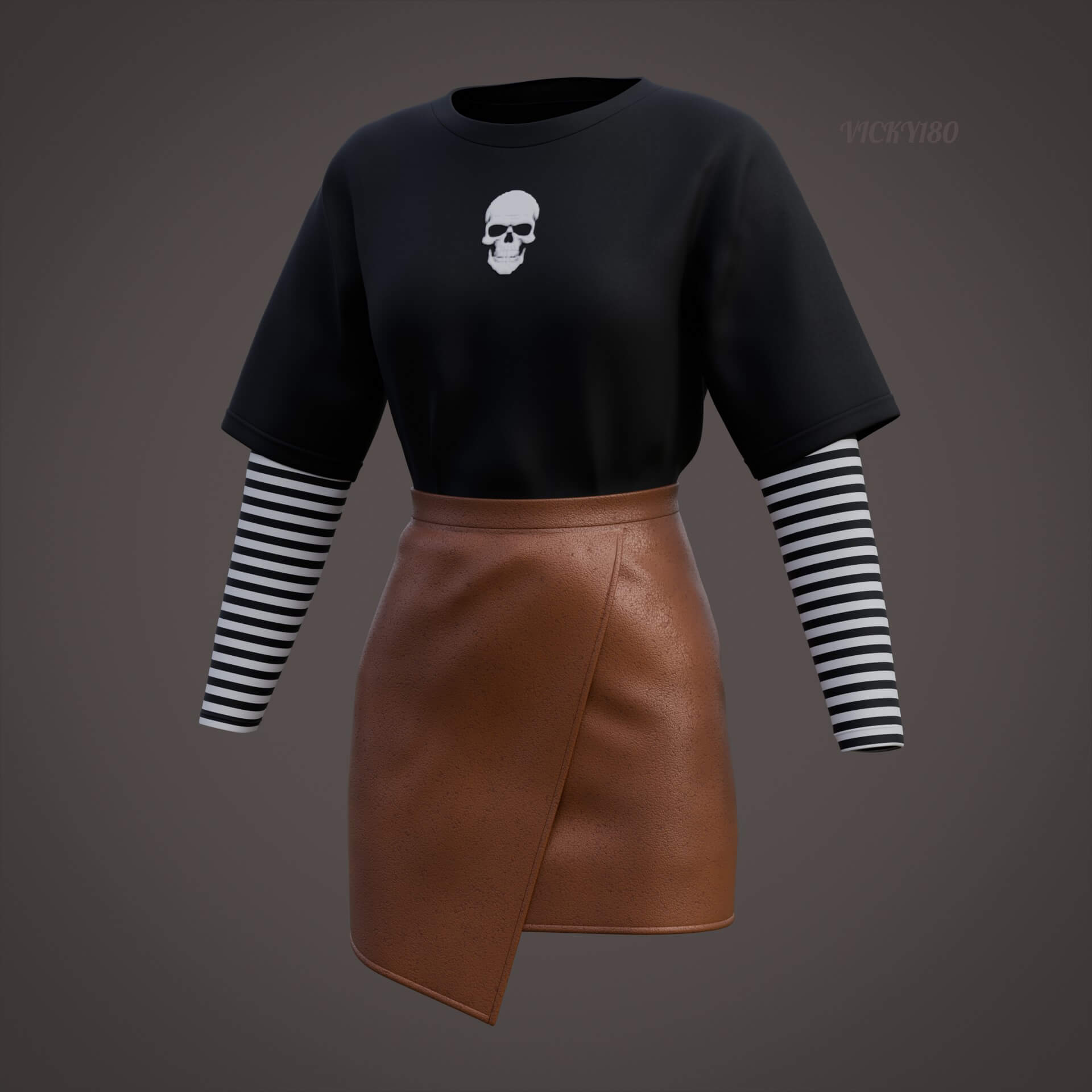 Goth Stripes Skull Tshirt Brown Leather Miniskirt Emo Outfit - 3D Model ...