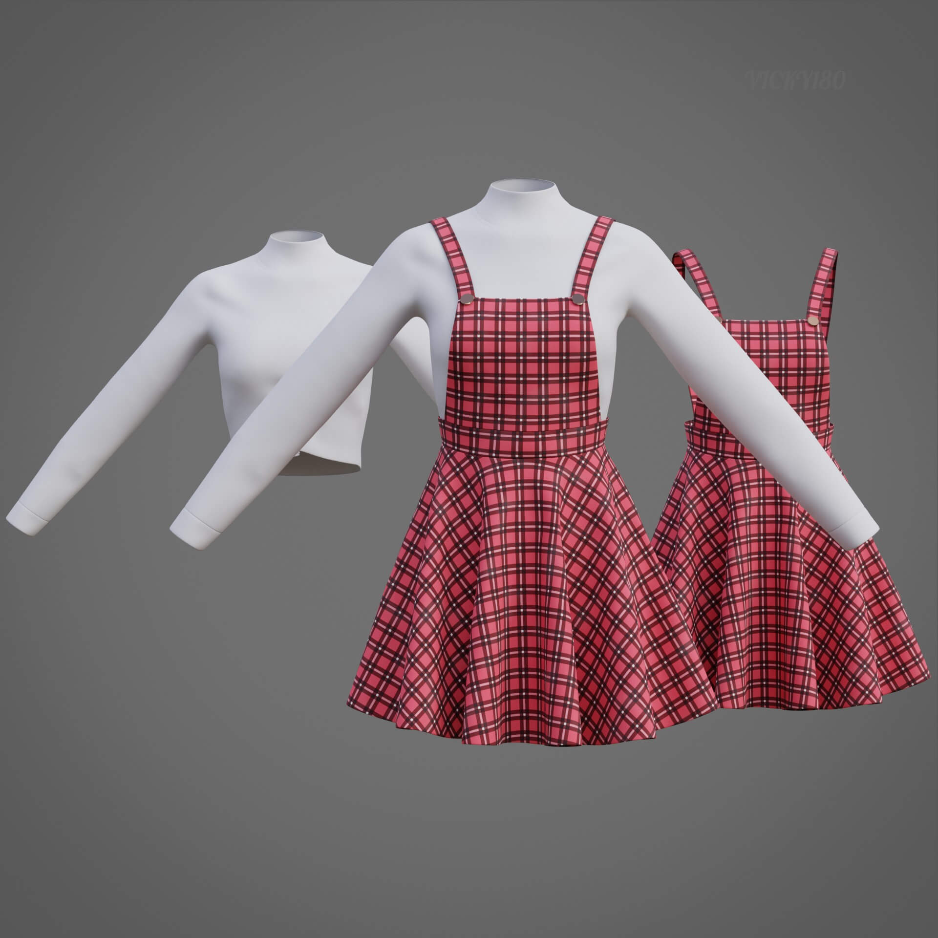 Check Dungaree Outfit - Pinafore Dress and Sweater 3D Model by vicky180