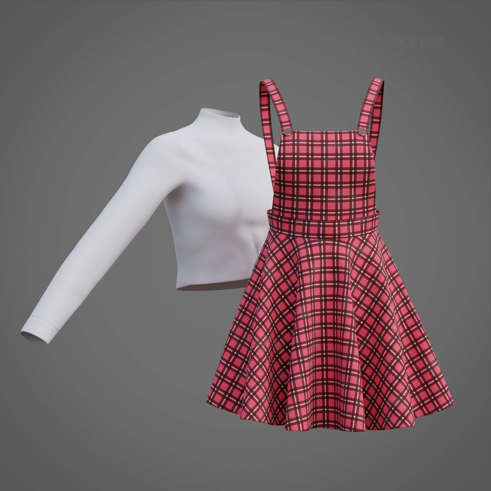 Check Dungaree Outfit - Pinafore Dress and Sweater 3D Model by vicky180