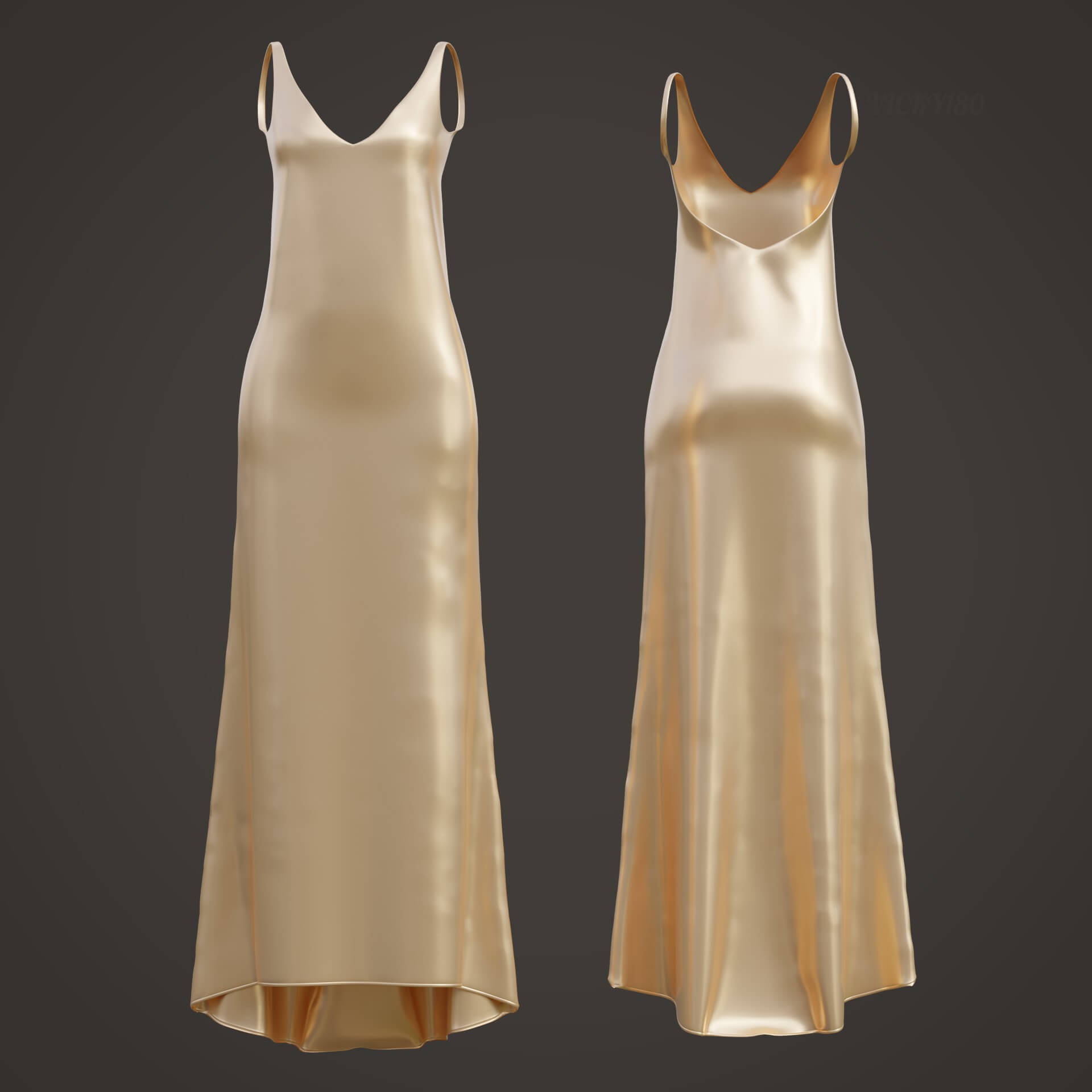 Gold Satin Backless Dress -Silk Party Gown 3D Model by vicky180