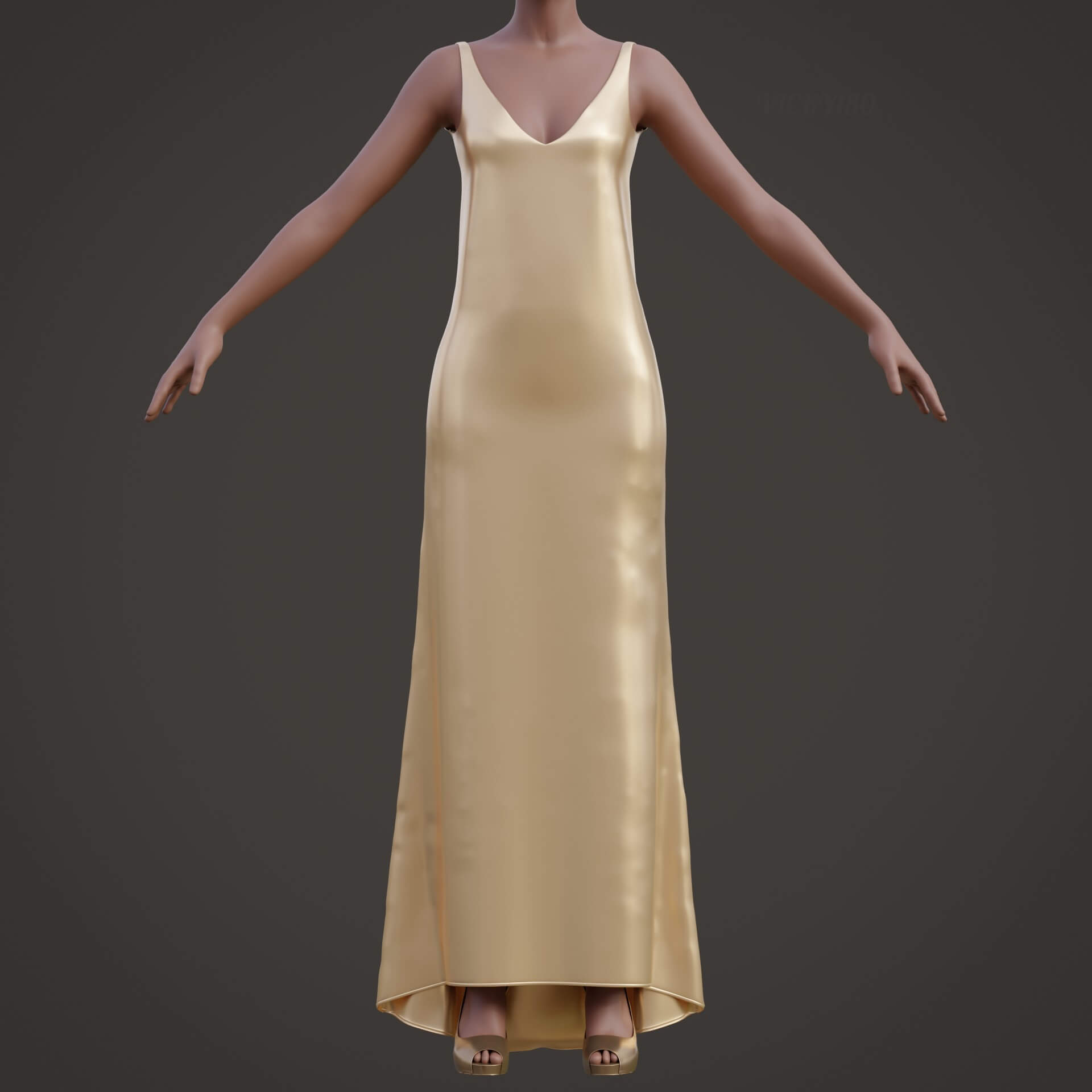 Gold Satin Backless Dress -Silk Party Gown 3D Model by vicky180