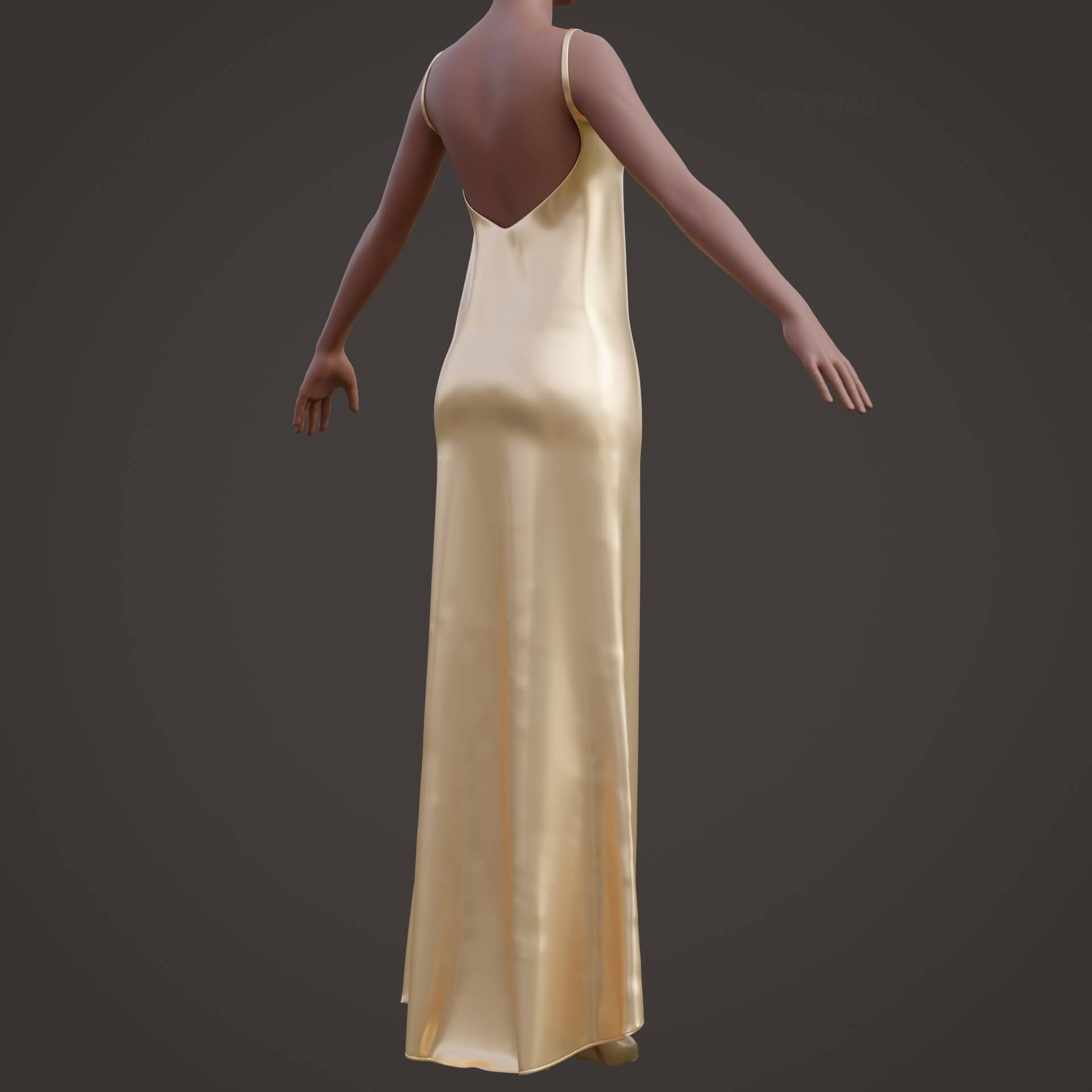 Gold Satin Backless Dress -Silk Party Gown 3D Model by vicky180