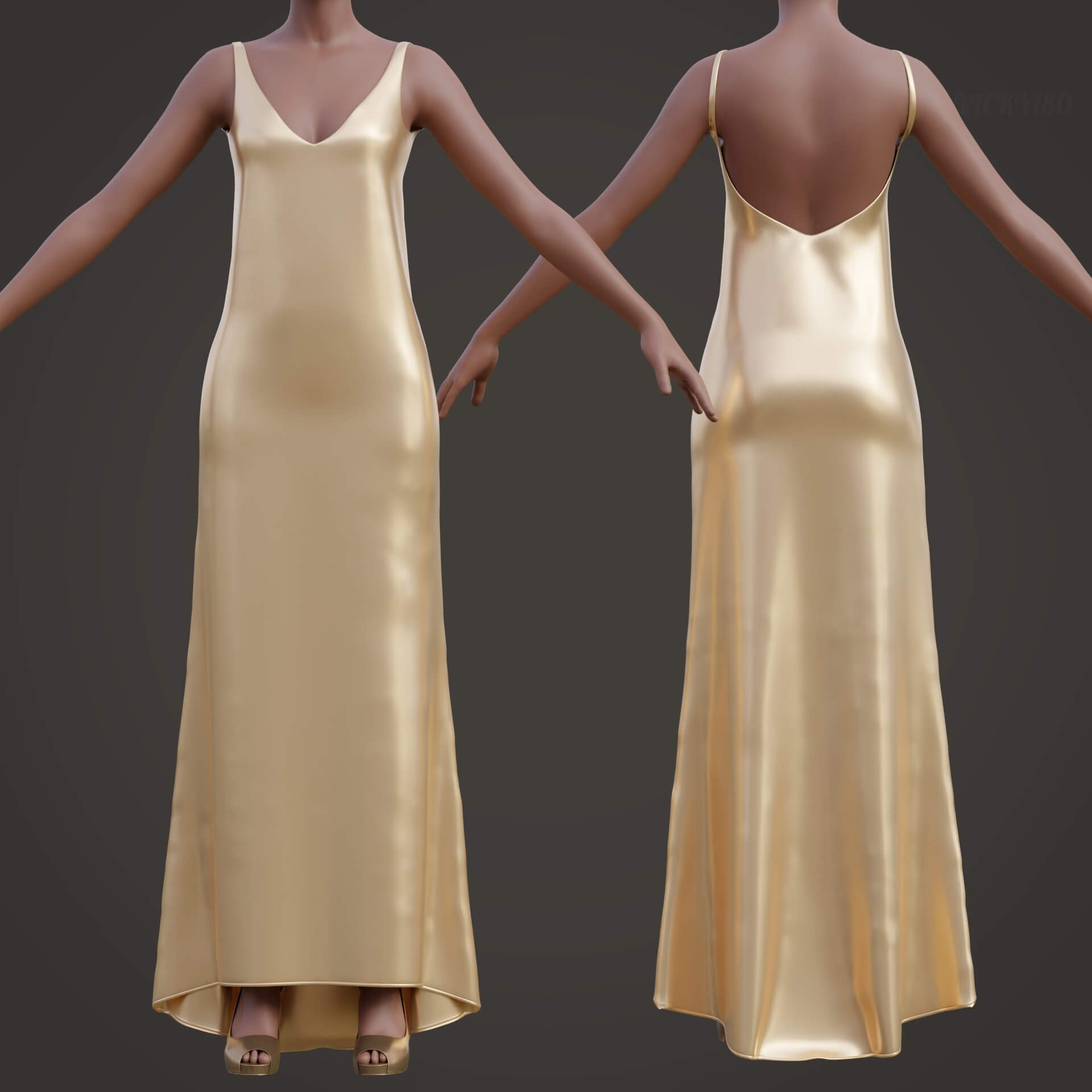 Gold Satin Backless Dress -Silk Party Gown 3D Model by vicky180