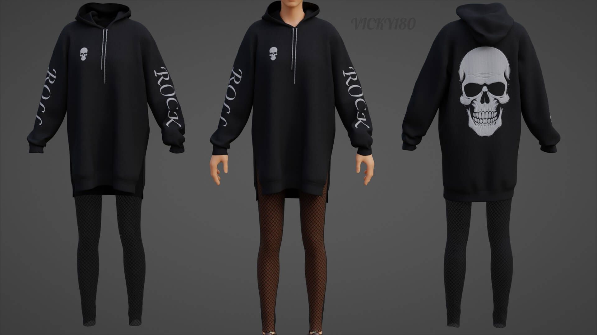Goth Style Oversized Hoodie Fishnet Leggings Grunge Clothing - 3D Model ...