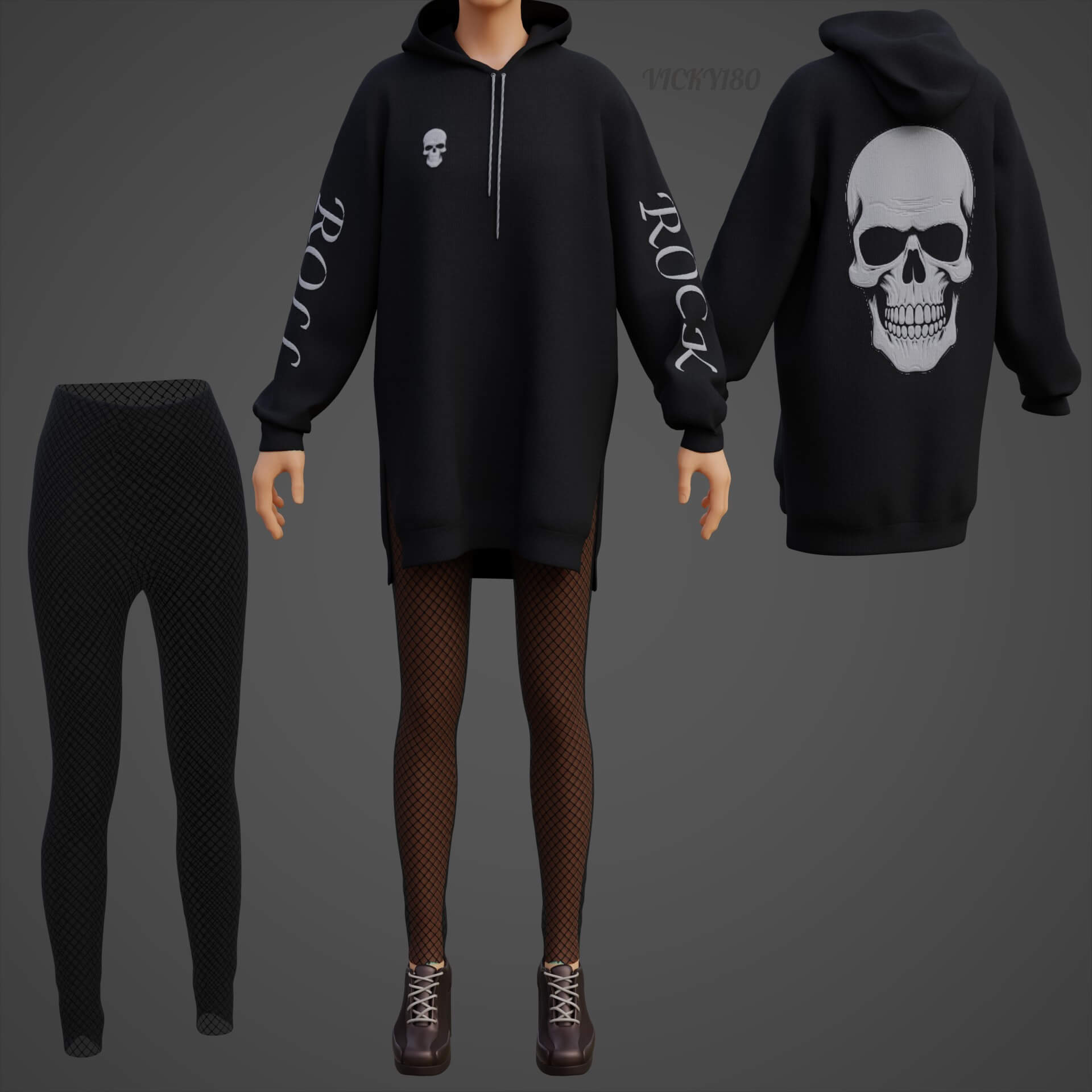 Goth Style Oversized Hoodie Fishnet Leggings Grunge Clothing - 3D Model ...