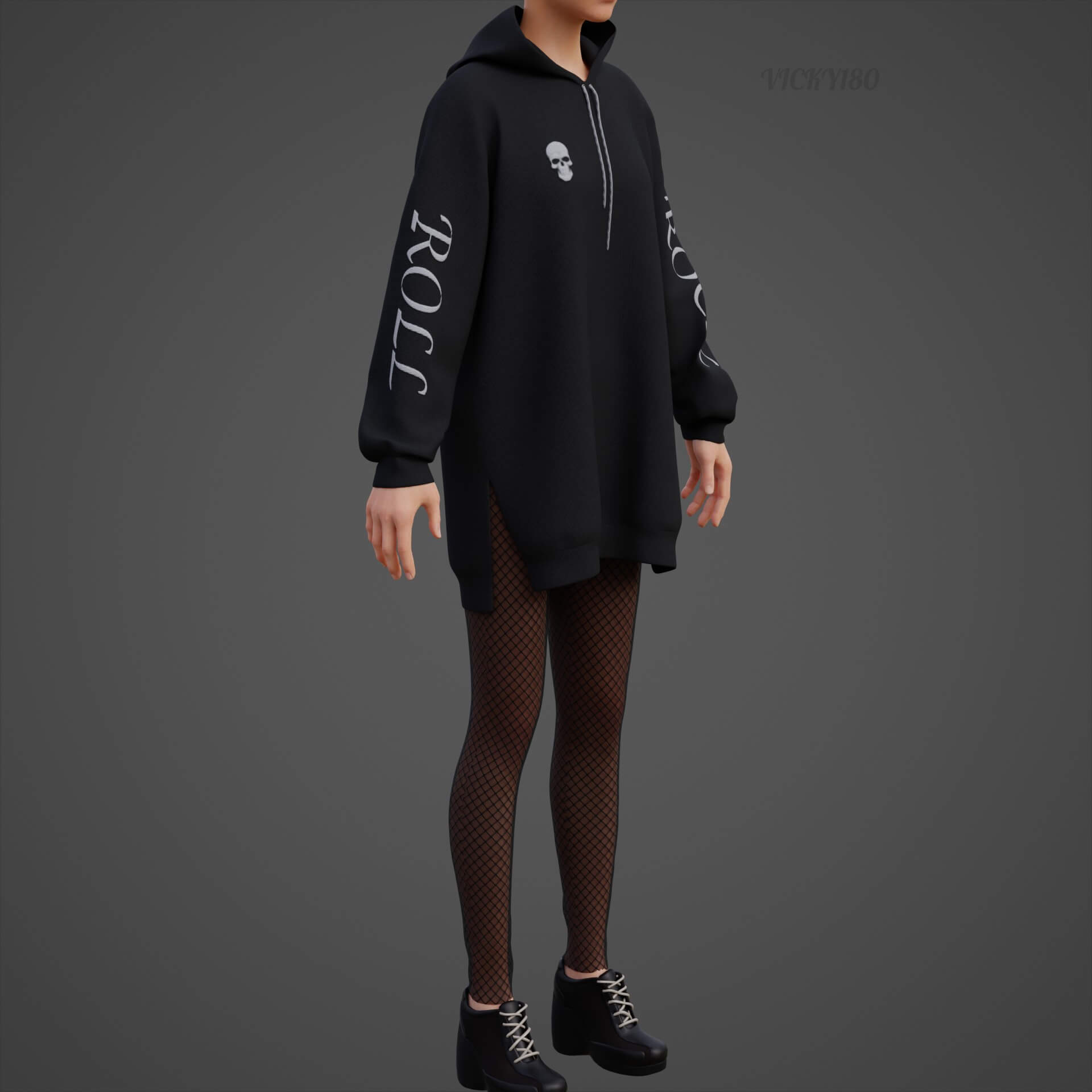 Goth Style Oversized Hoodie Fishnet Leggings Grunge Clothing - 3D Model ...