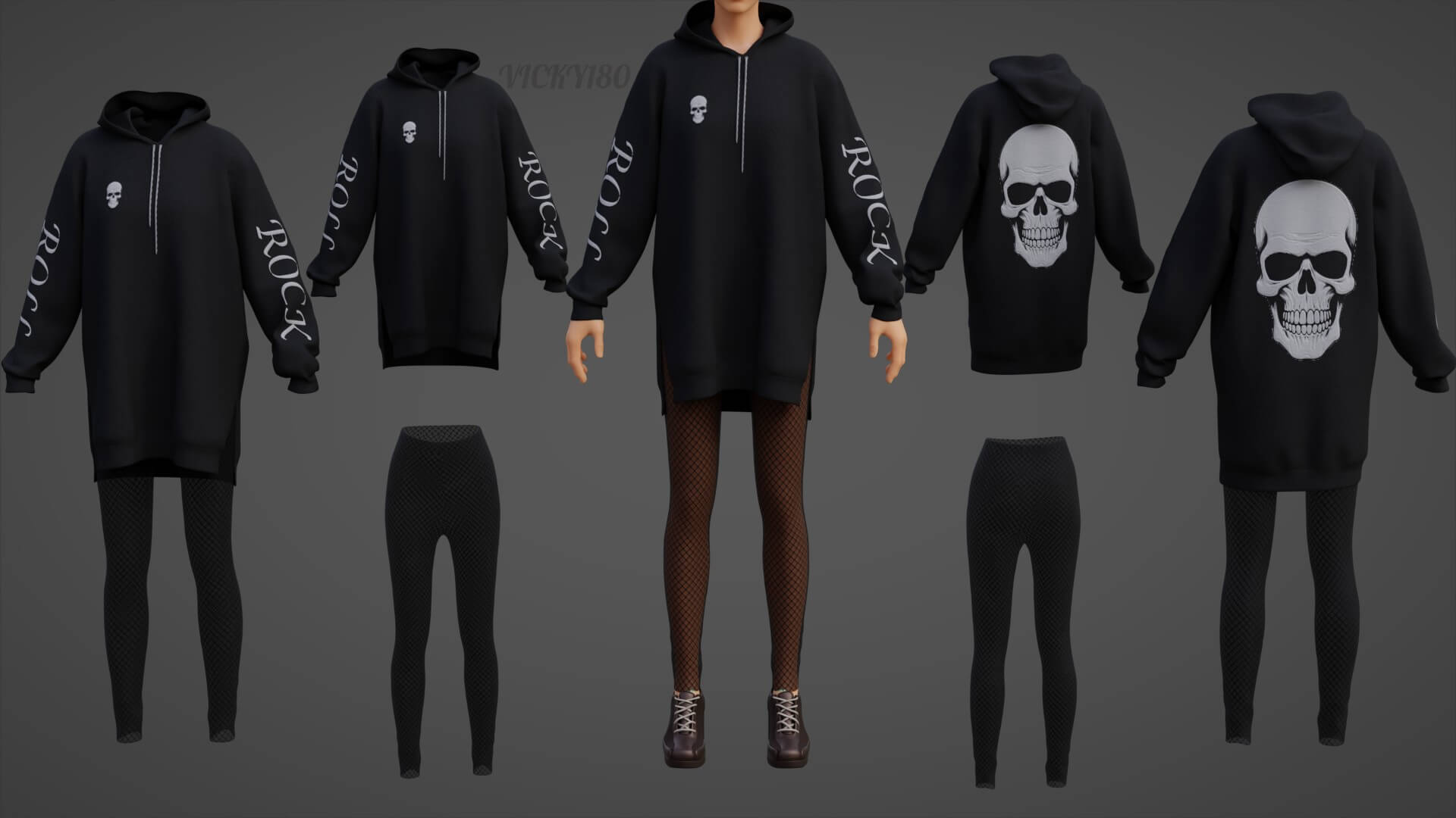 Goth Style Oversized Hoodie Fishnet Leggings Grunge Clothing - 3D Model ...