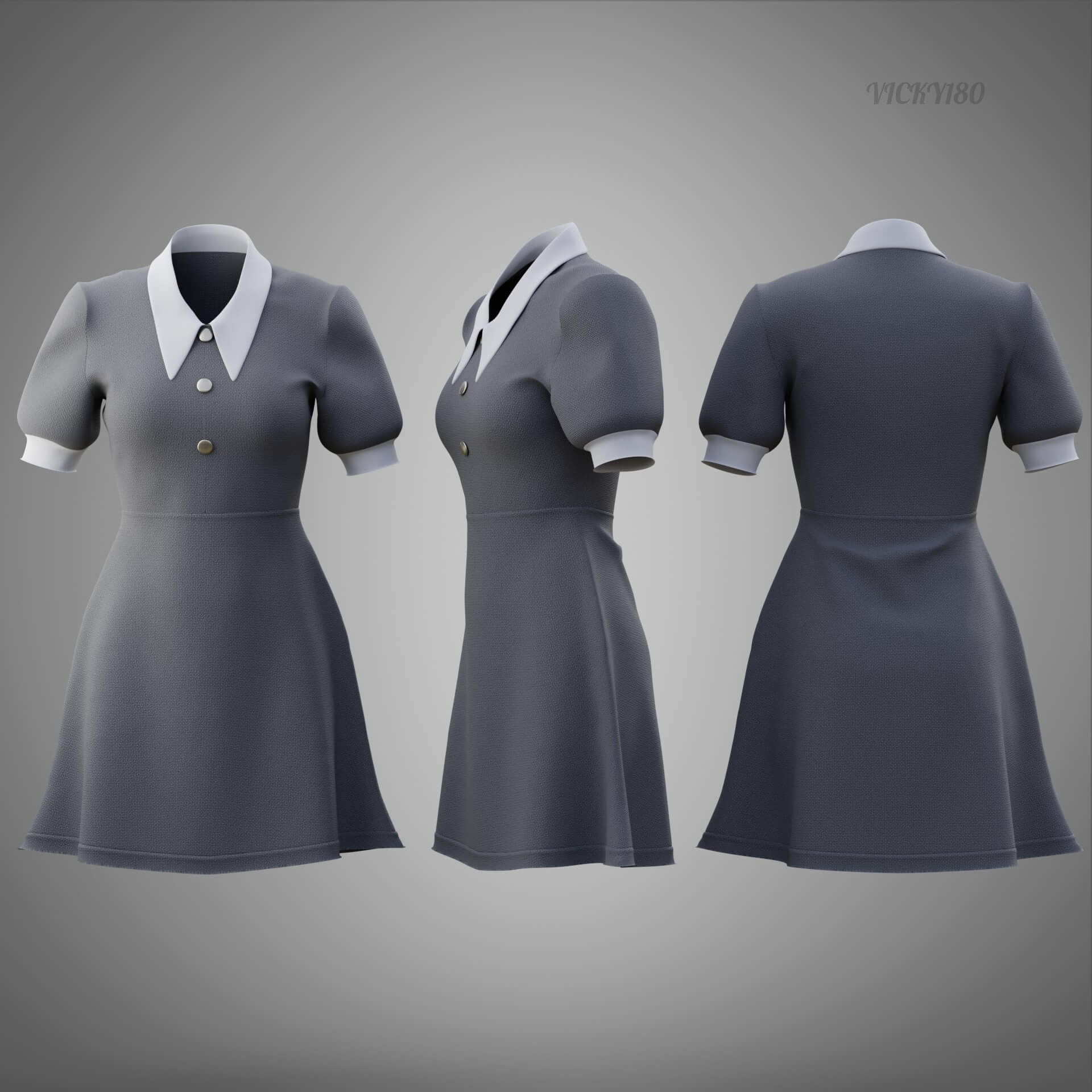 Gray Collared Formal Dress 3D Model by vicky180