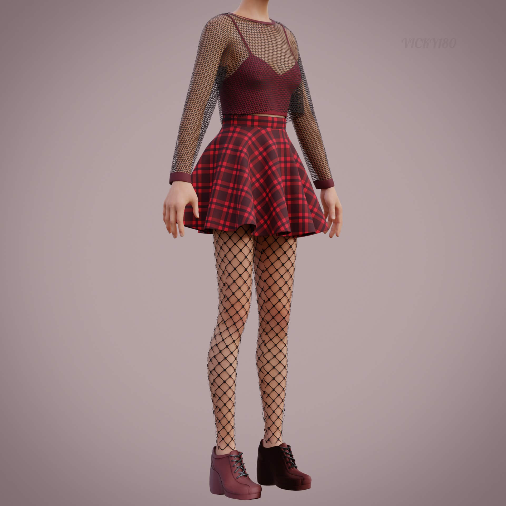 Grunge Fishnet Outfit - Plaid Skirt and Sheer Blouse Tights 3D Model by ...
