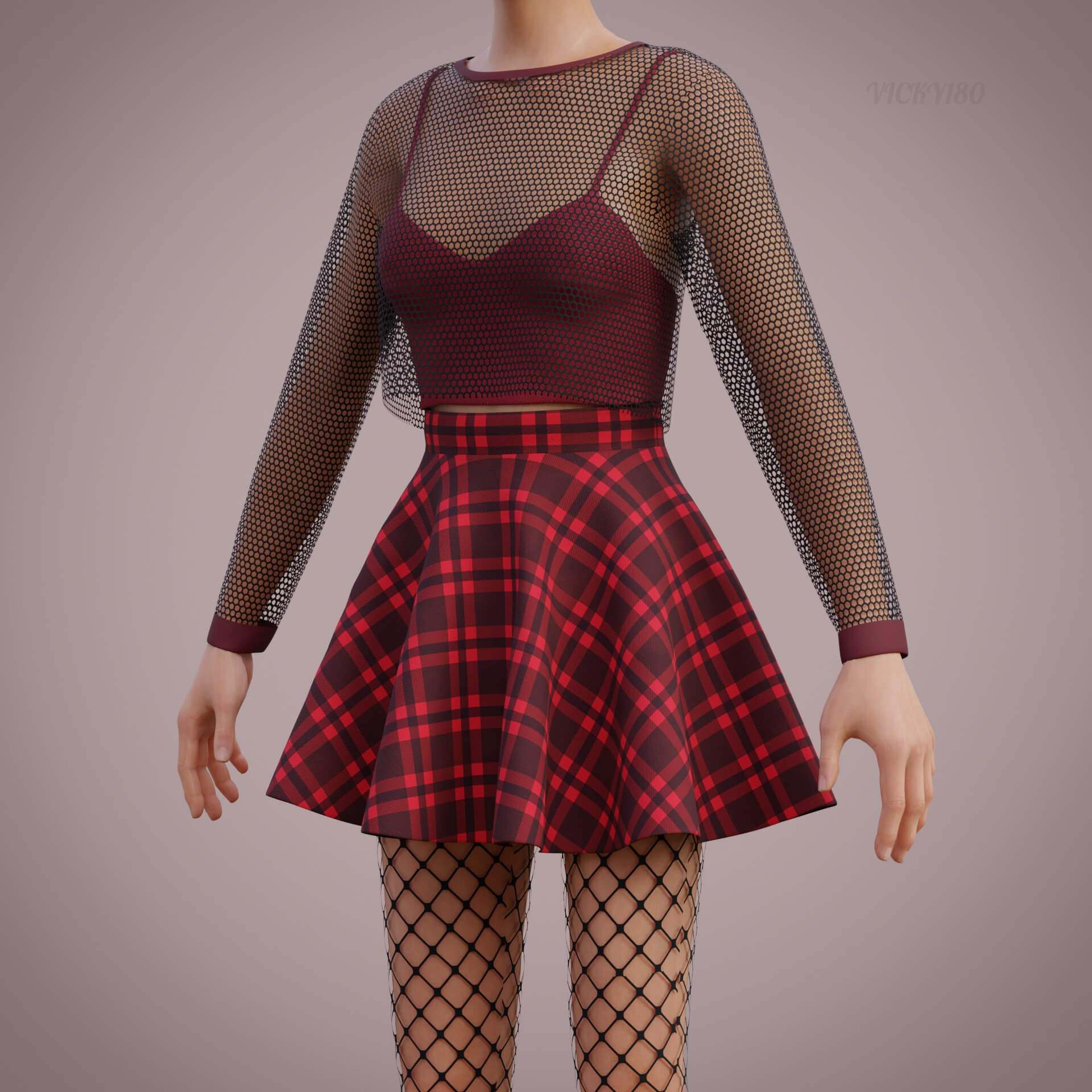 Grunge Fishnet Outfit - Plaid Skirt and Sheer Blouse Tights 3D Model by ...