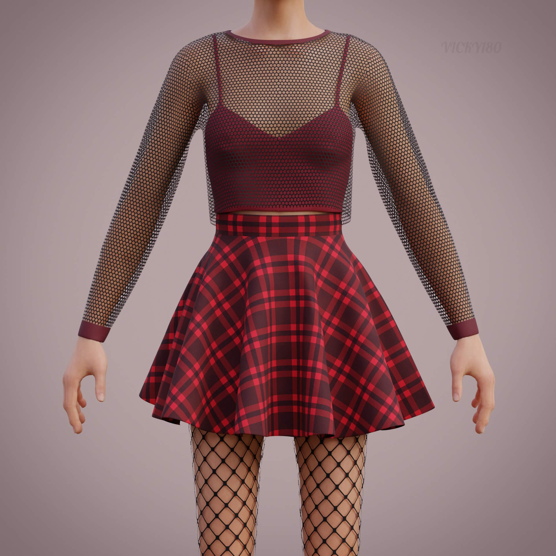 Grunge Fishnet Outfit - Plaid Skirt and Sheer Blouse Tights 3D Model by ...