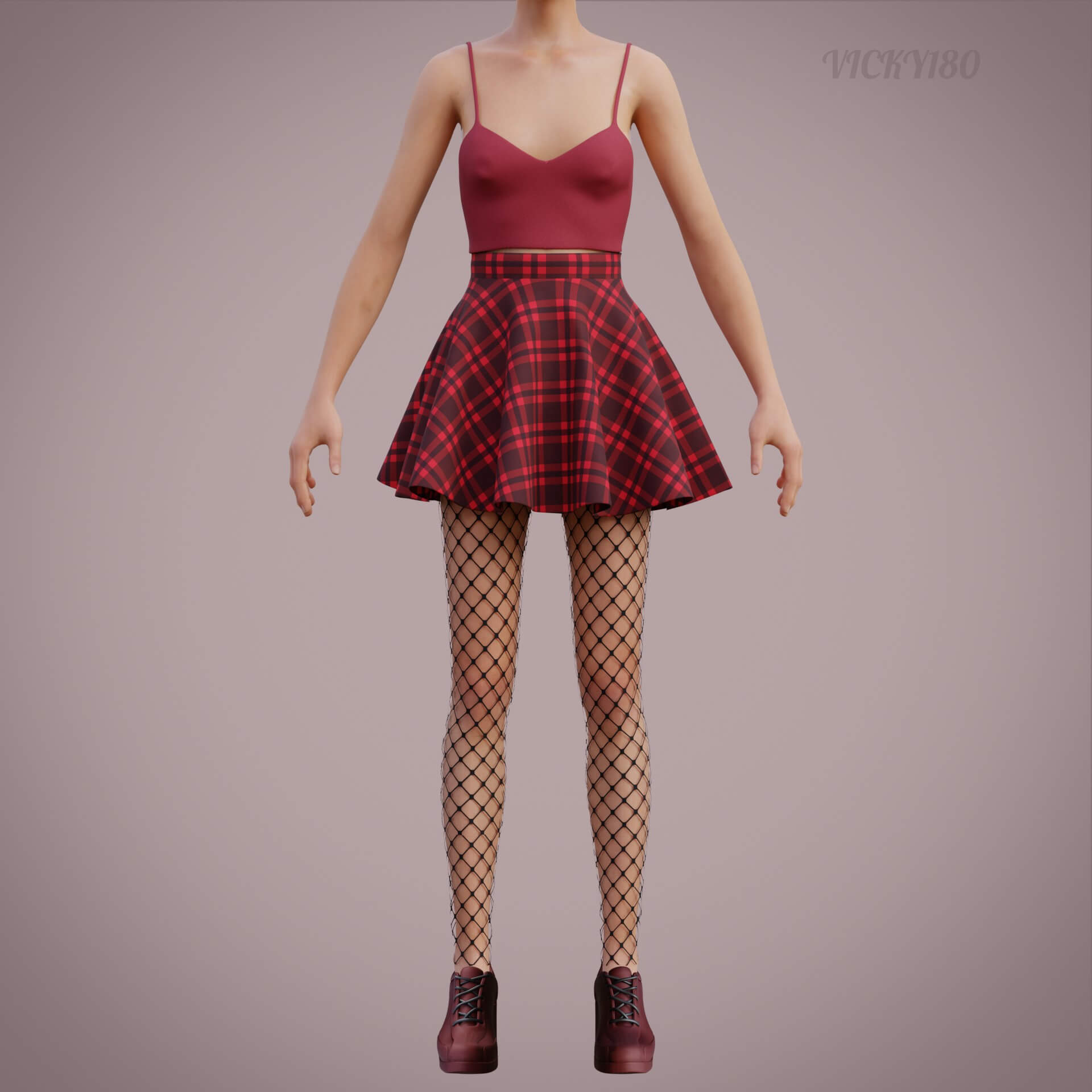 Grunge Fishnet Outfit - Plaid Skirt and Sheer Blouse Tights 3D Model by ...