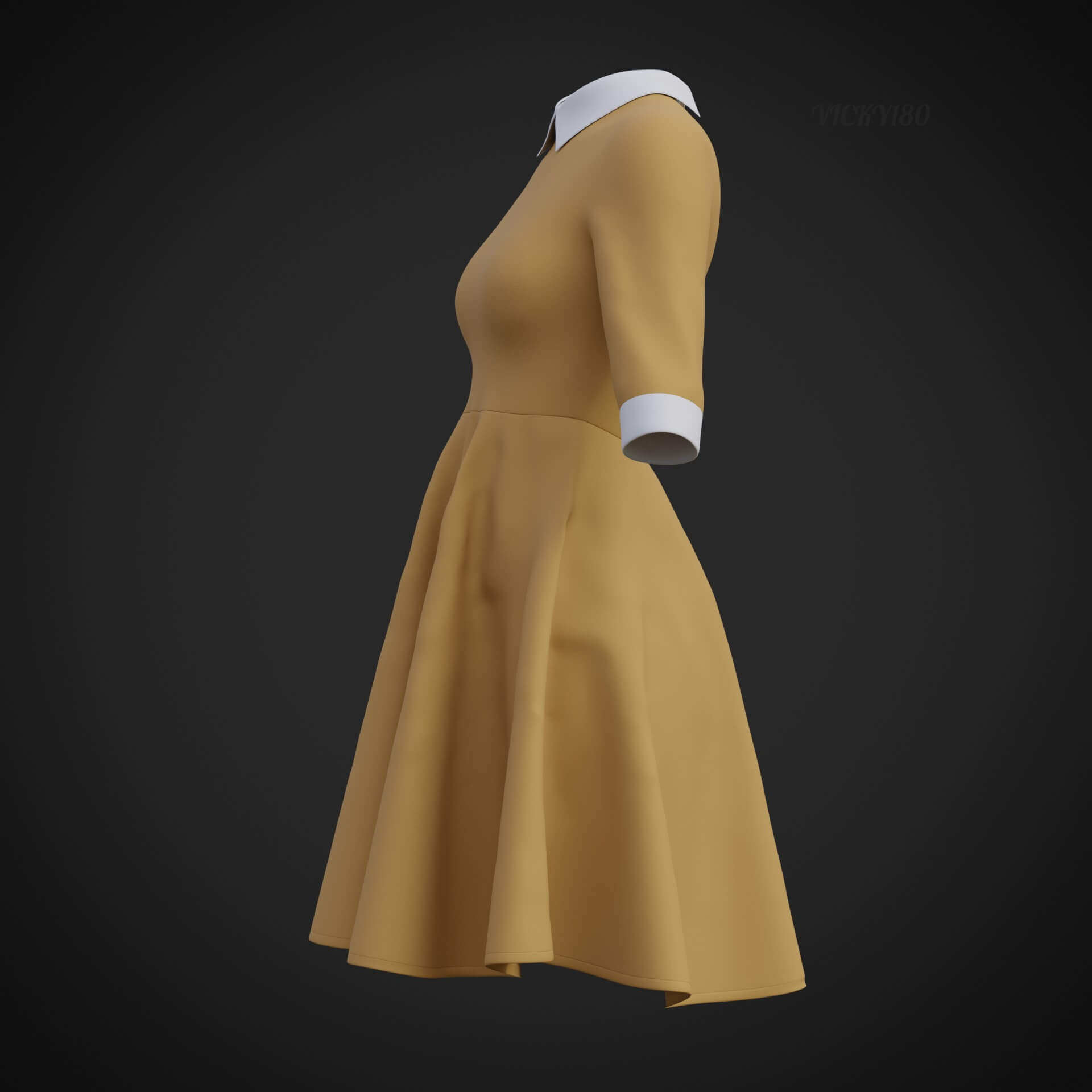 Mustard Collar Flare Formal Dress - Office Gown 3D Model by vicky180