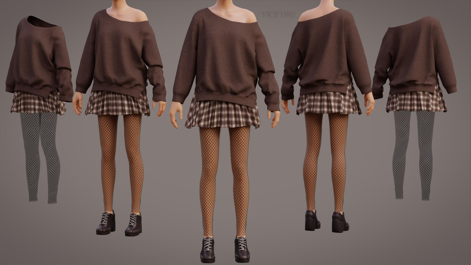 Plaid Skirt and Knit Sweater With Fishnet Tights Y2K Outfit - 3D Model ...