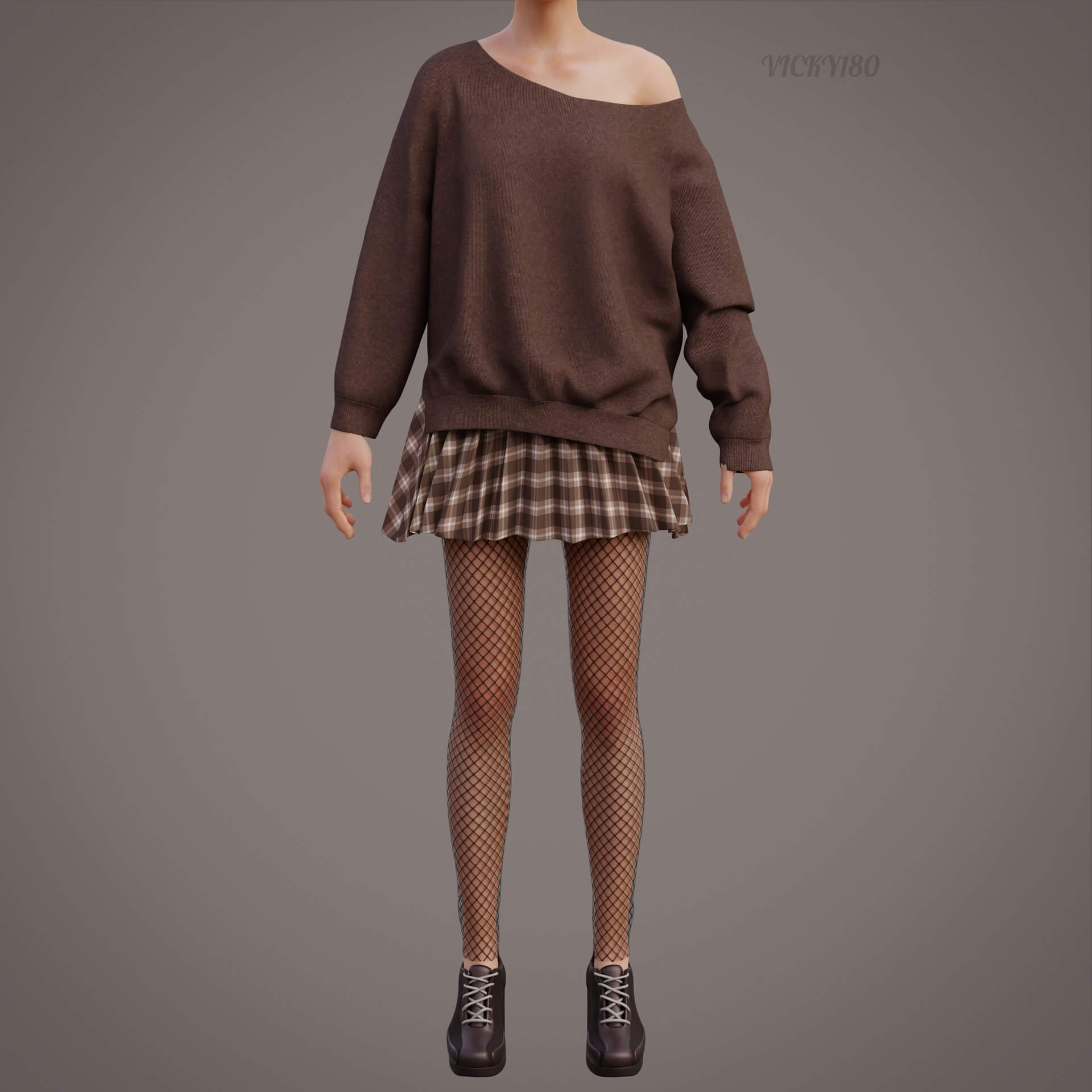 Plaid Skirt and Knit Sweater With Fishnet Tights Y2K Outfit - 3D Model ...