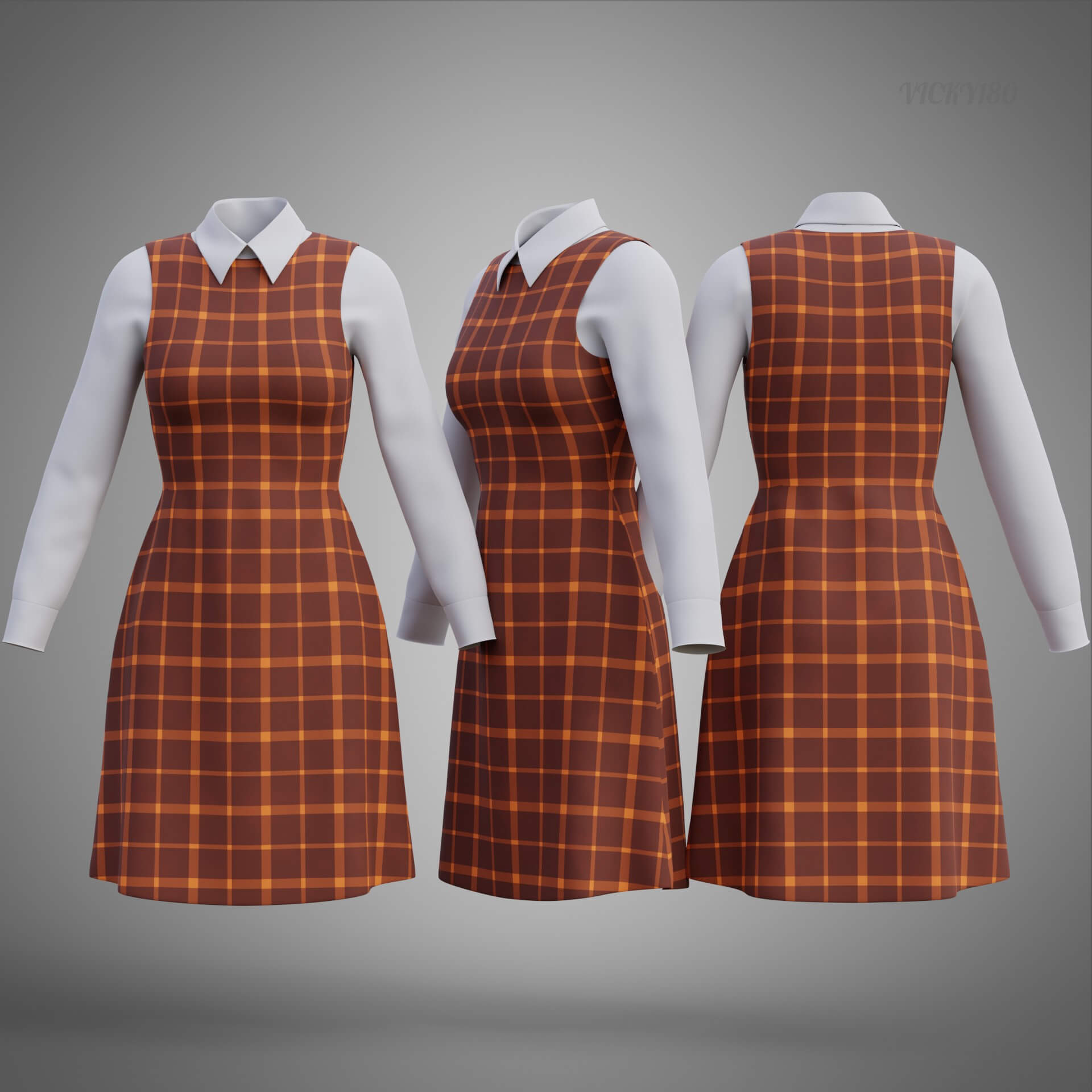 Plaid Uniform Dress - Checkered Dress and Shirt Outfit 3D Model by vicky180
