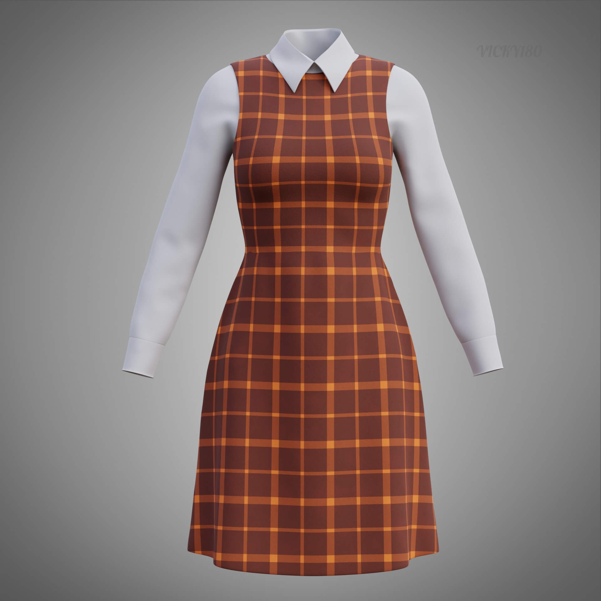 Plaid Uniform Dress - Checkered Dress and Shirt Outfit 3D Model by vicky180