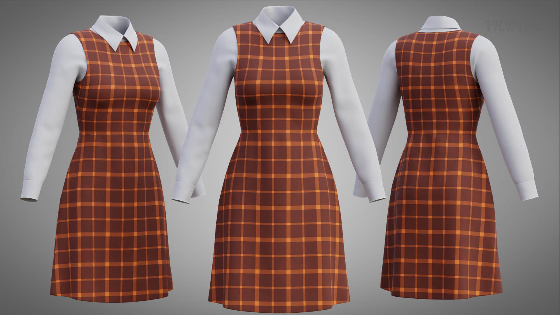 Plaid Uniform Dress - Checkered Dress and Shirt Outfit 3D Model by vicky180