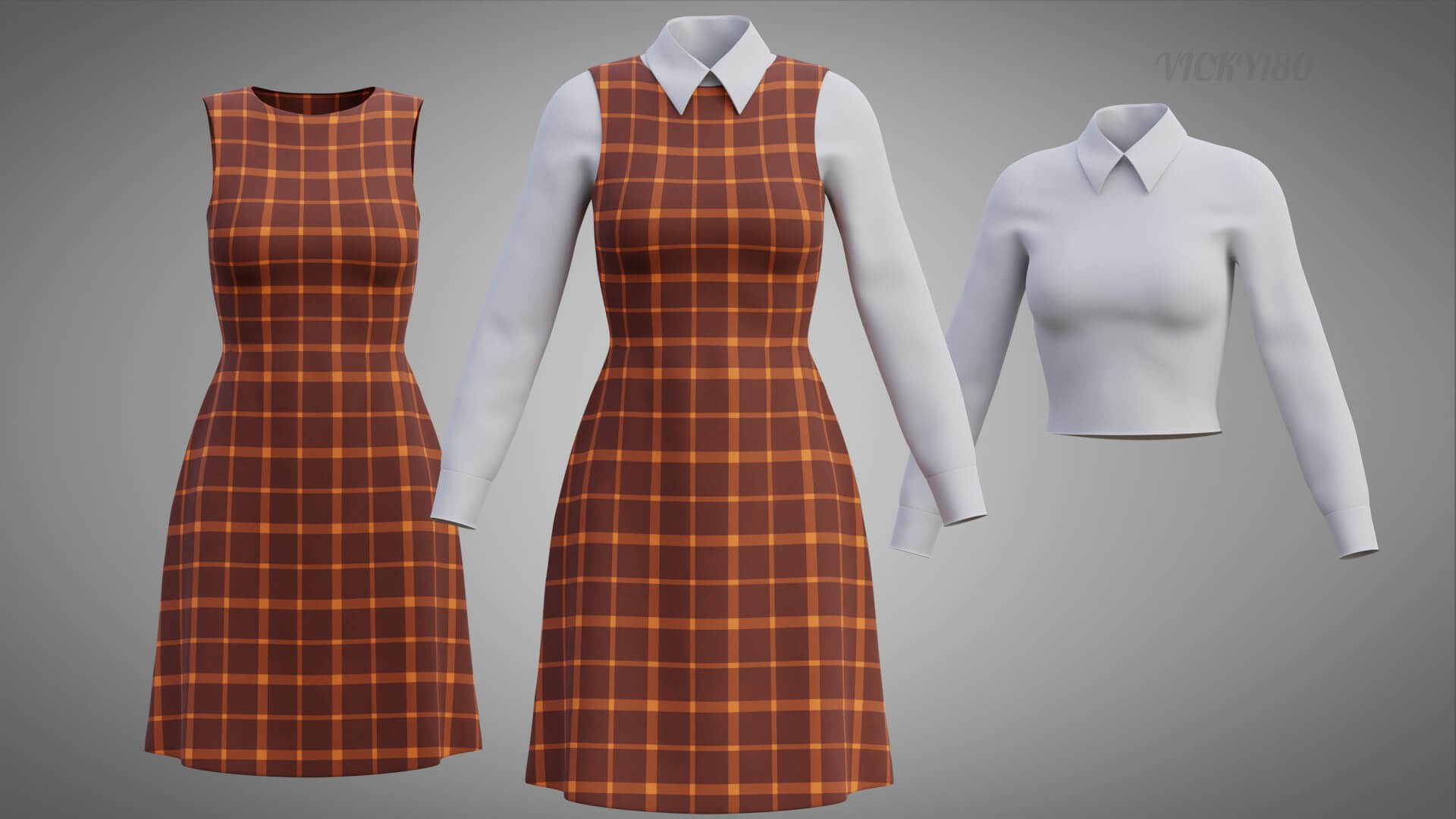 Plaid Uniform Dress - Checkered Dress and Shirt Outfit 3D Model by vicky180